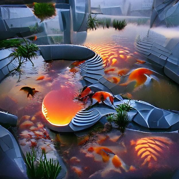 futuristic koi pond at sunrise | Scrolller