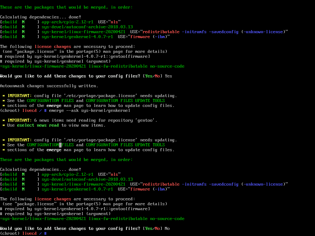 Gentoo Configure kernel stage using genkernel got this help (chroot) livecd /# emerge --ask sys ...