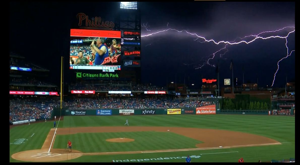 Gorgeous streak of lightning captured during the rain delay at Citizens Bank Park | Scrolller