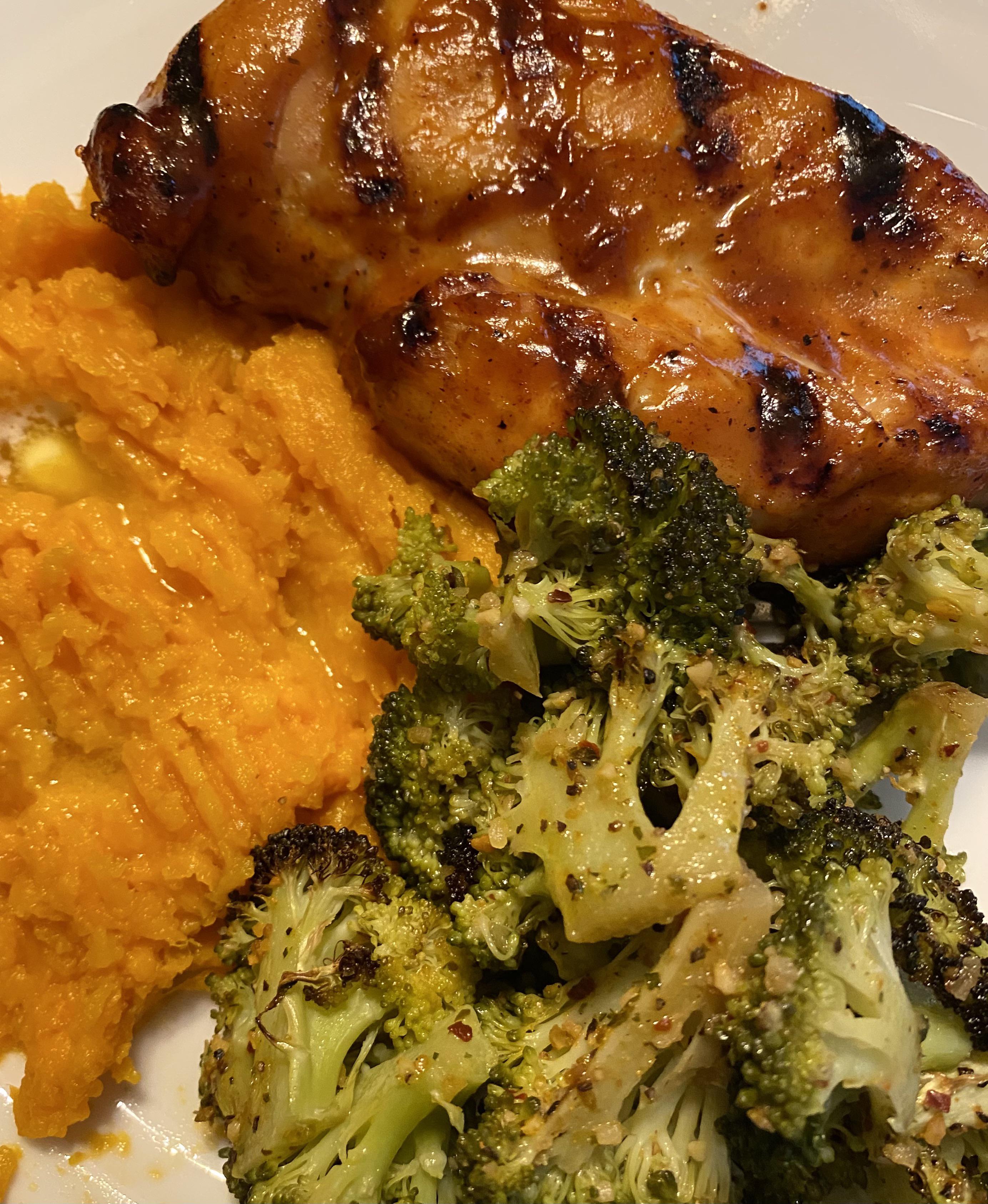 Grilled bbq chicken, roasted broccoli, and mashed sweet potato | Scrolller