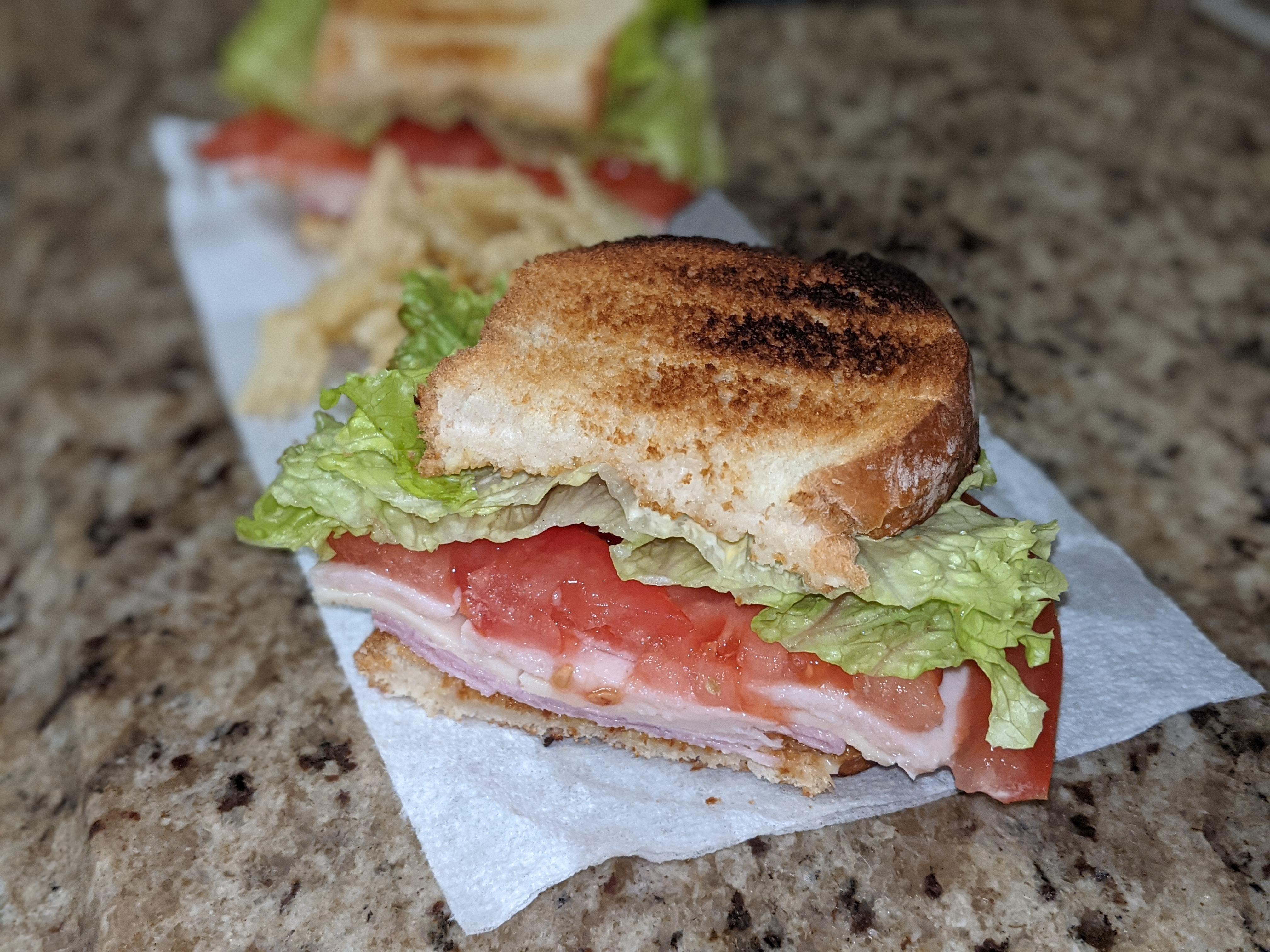 Ham, mozzarella cheese, turkey, lettuce, tomato, mayo, and mustard on artisan white bread. 🥪 ...