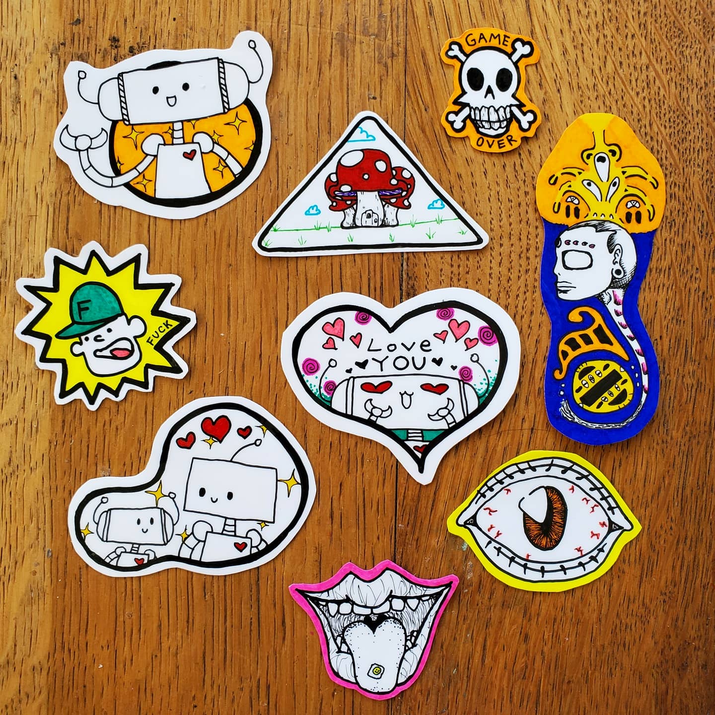 Hand drawn and cut stickers I made with excess sticker paper on a page ...