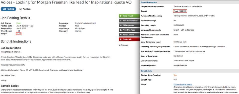 Here's a perfect example of how Voices.com screws the talent: This is the same job, posted on ...