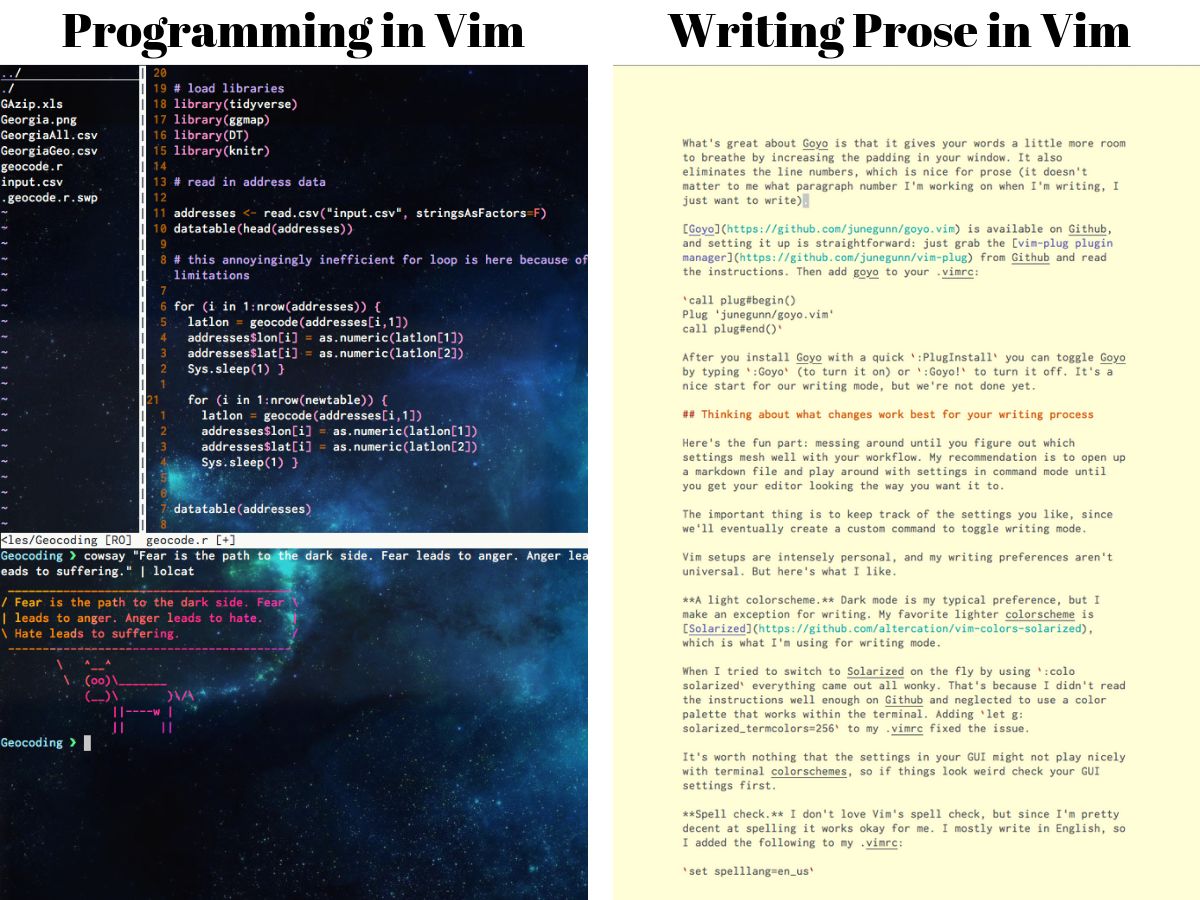 Here's how to create custom workspaces to switch between programming and writing prose in Vim ...