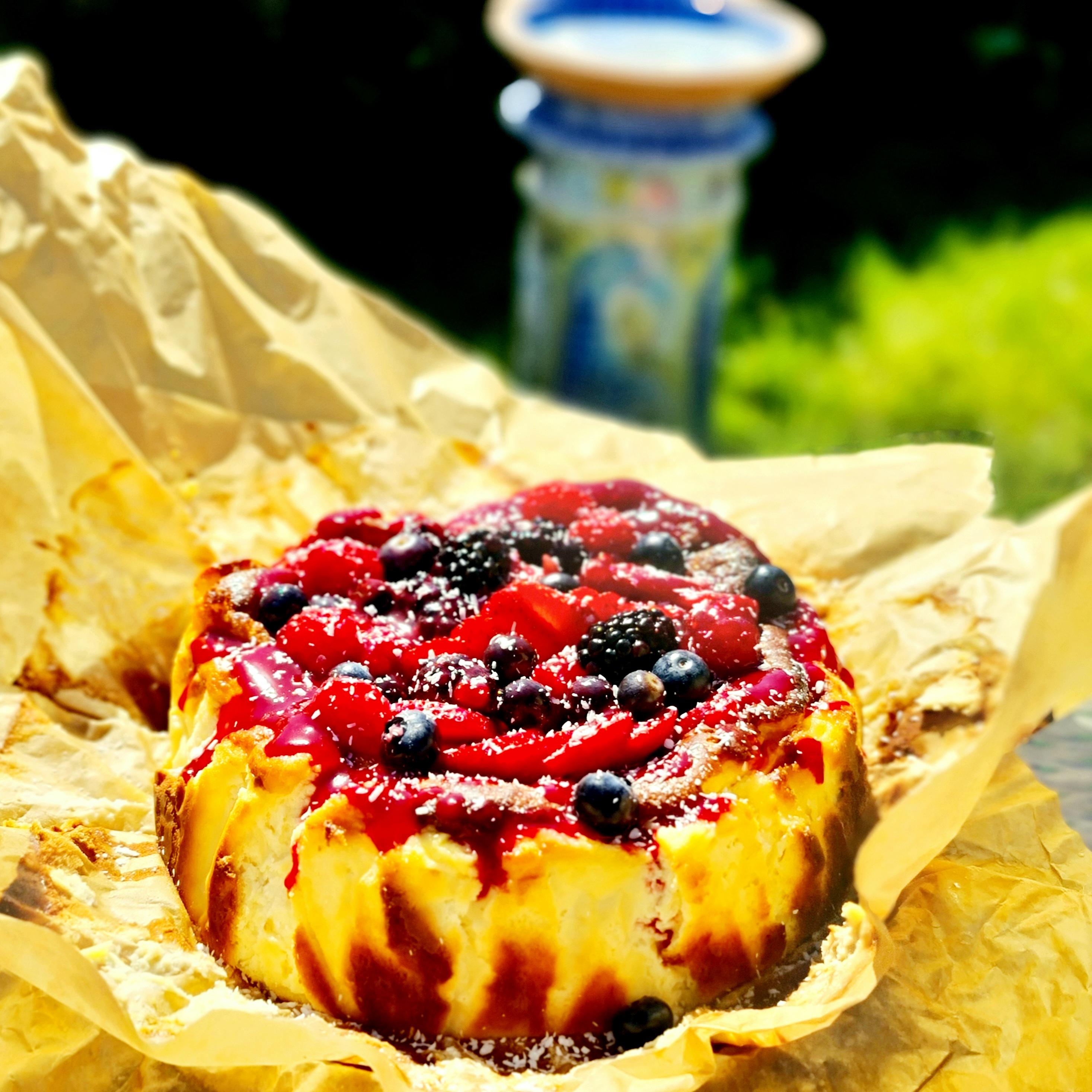 [Homemade] Basque burnt cheesecake topped with mixed berries in sweet berry sauce. | Scrolller