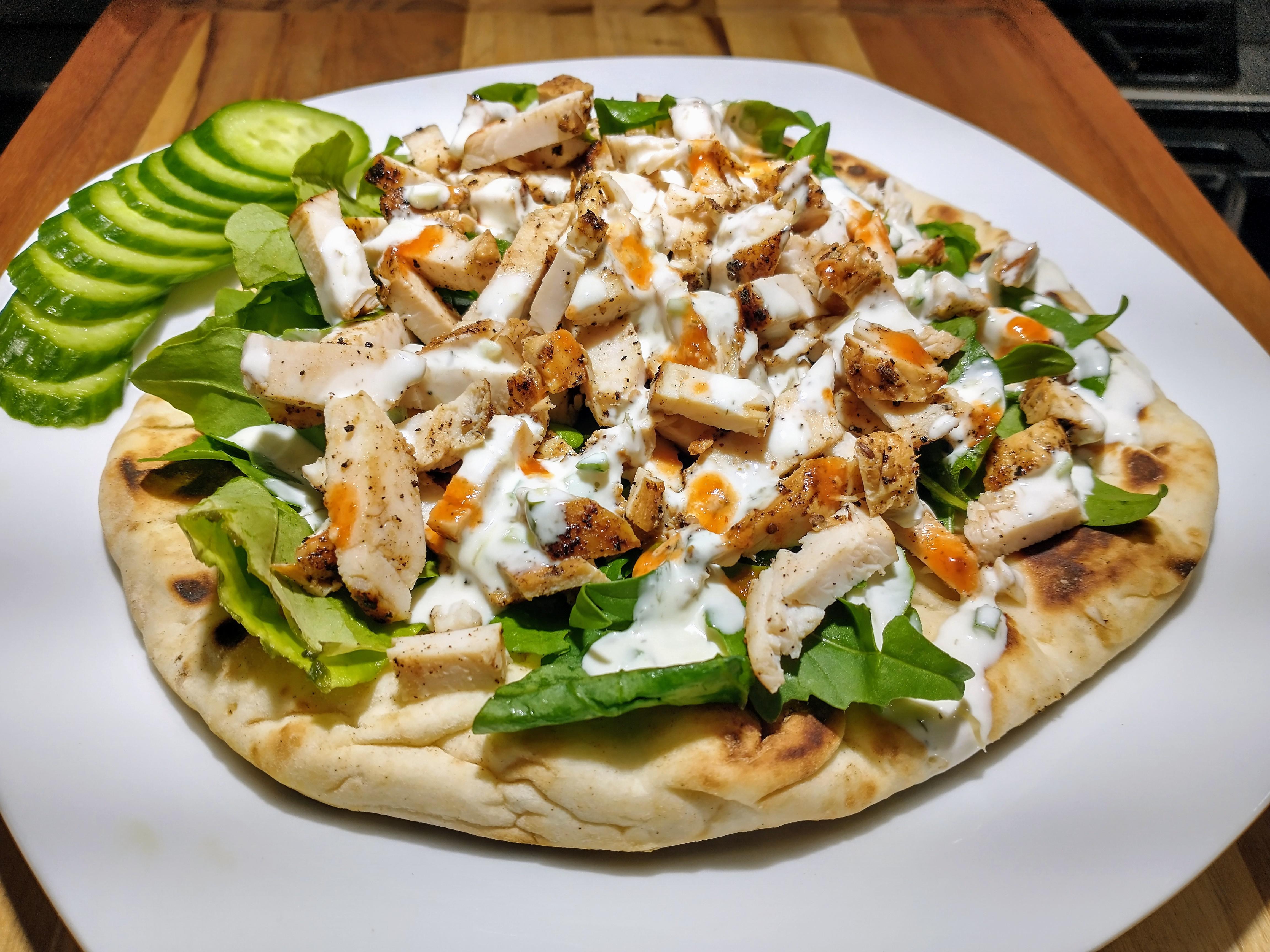 [Homemade] Pan-seared Chicken Breast, Arugula, and Raita Sauce on Garlic Naan Flatbread. | Scrolller