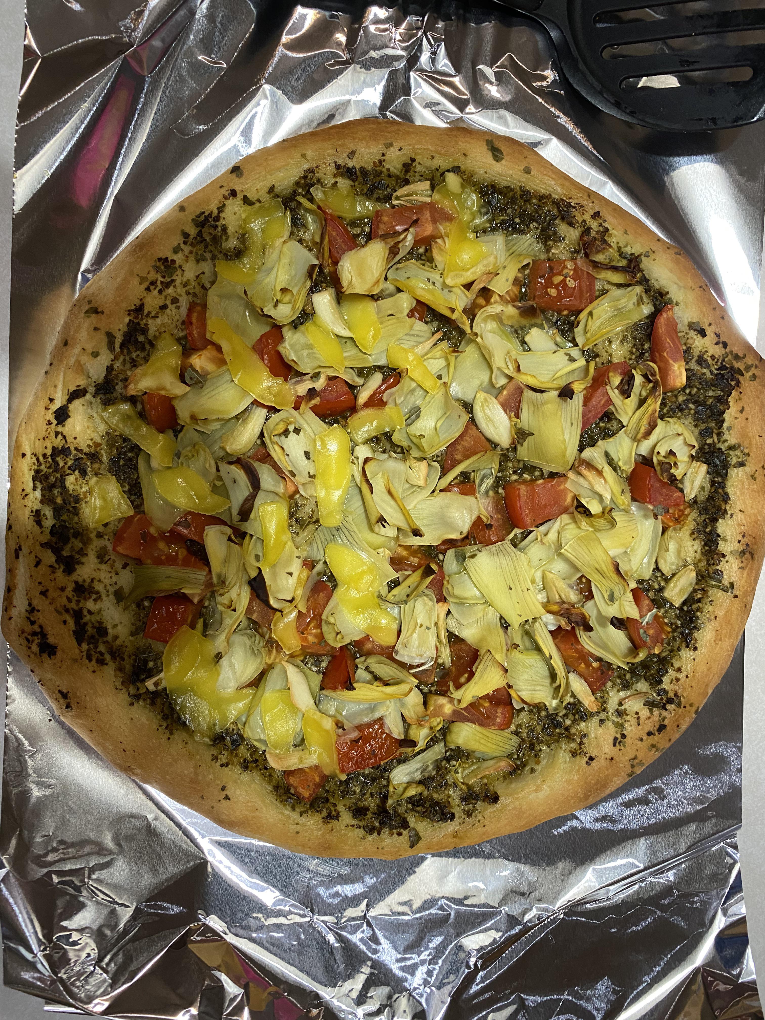 Homemade Pesto Pizza! First time making pizza dough from scratch. This one definitely goes in ...