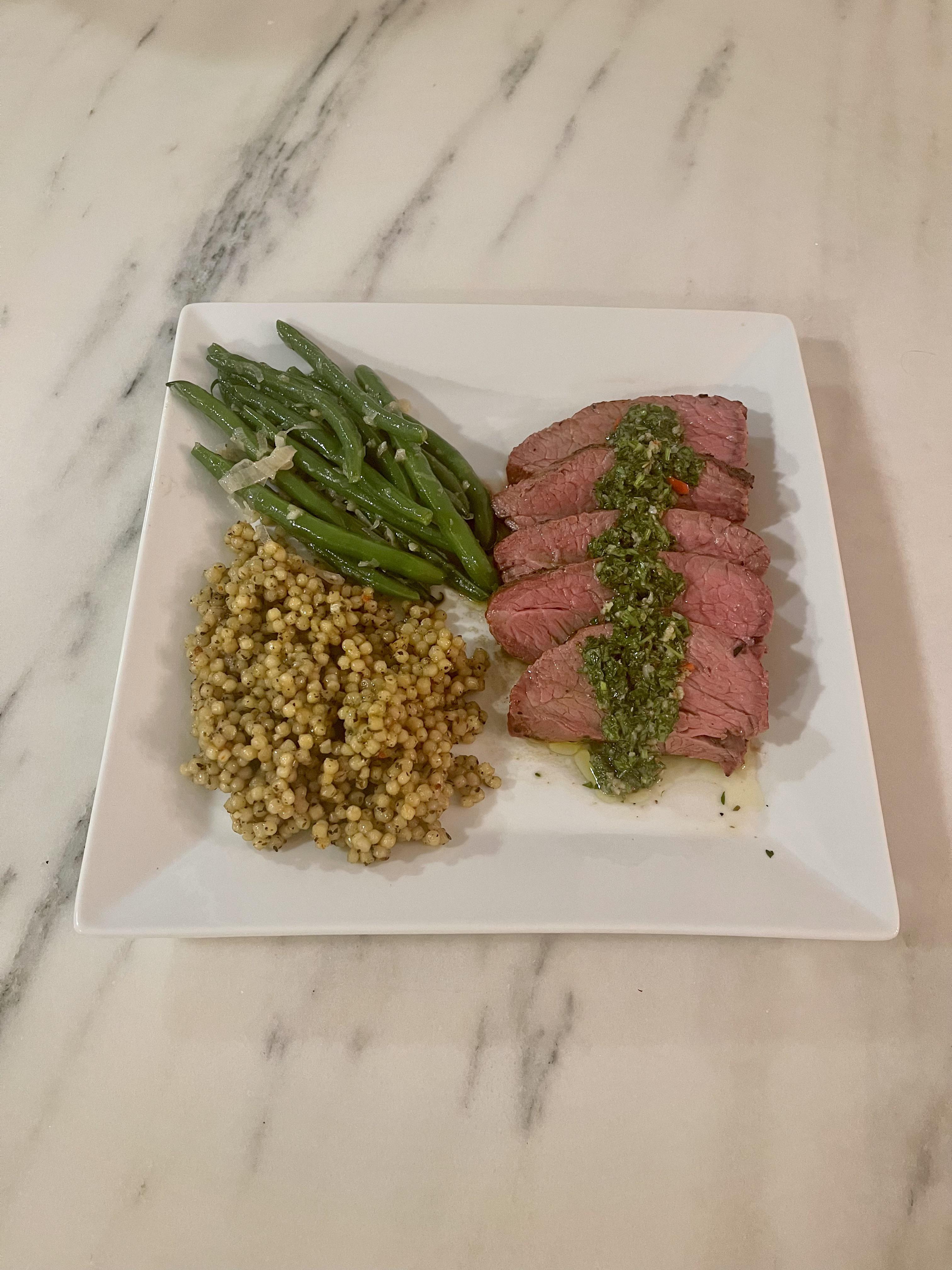 [homemade] Smoked Beef Tri Tip w/ Chimichurri Sauce, Israeli Couscous, and Sautéed Green beans ...