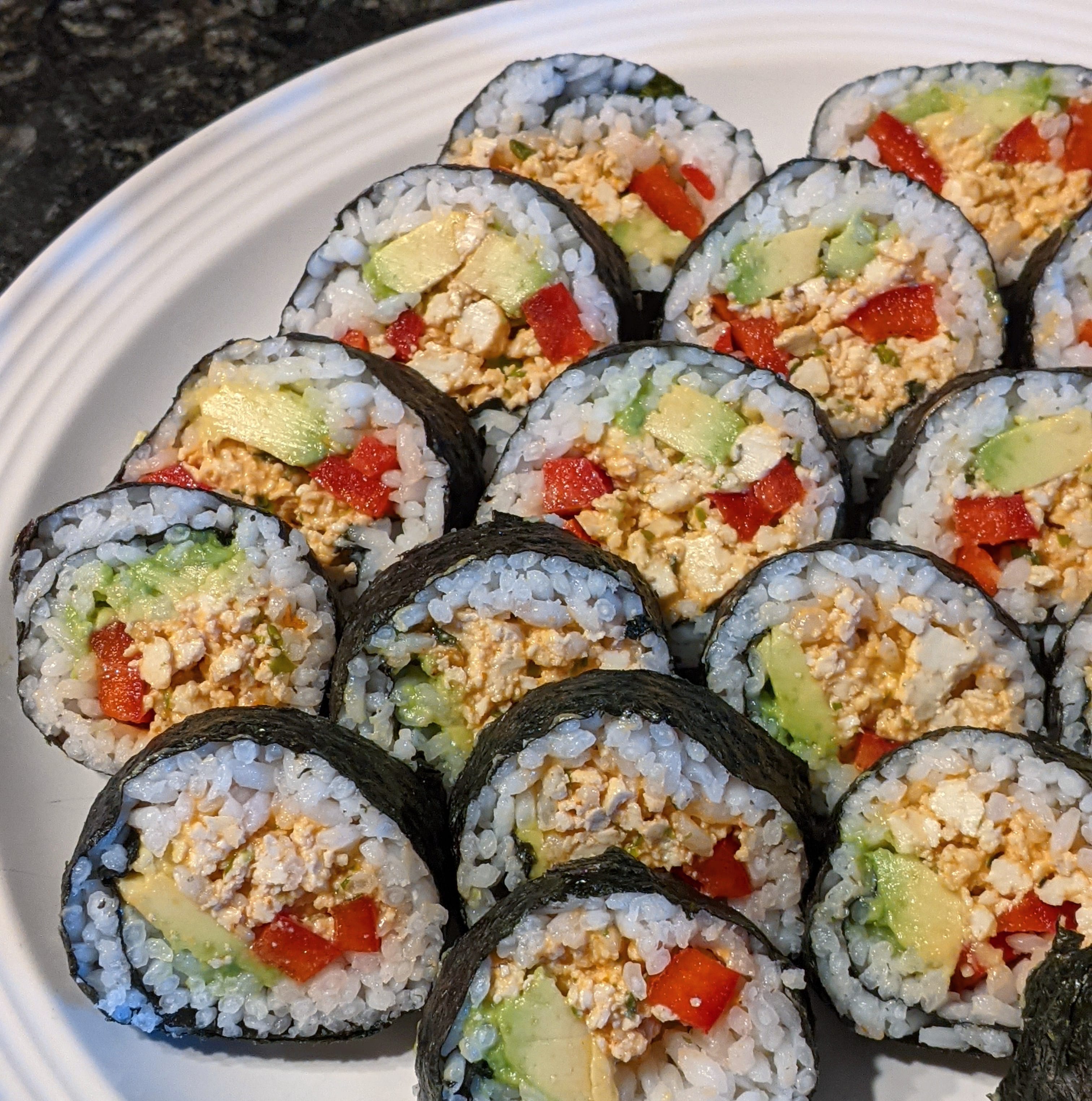 Homemade veggie sushi - spicy tofuna, avocado, and red bell pepper | Scrolller