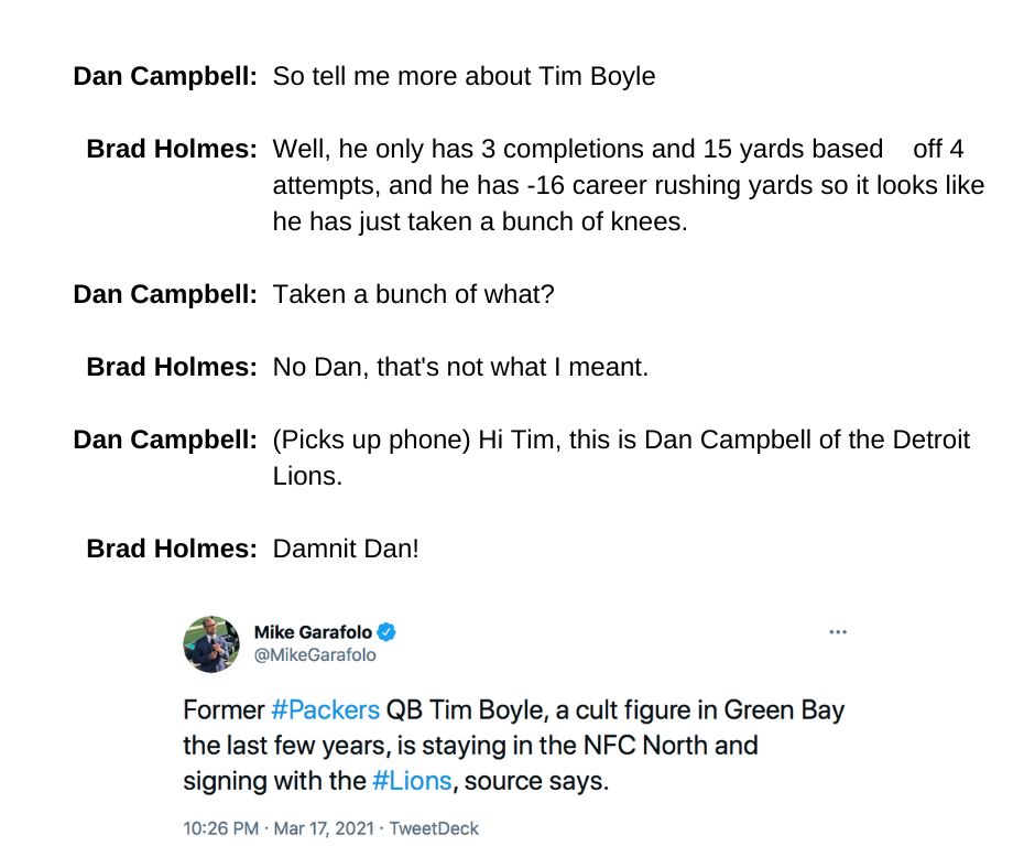 How I imagine the conversation to sign Tim Boyle went. | Scrolller