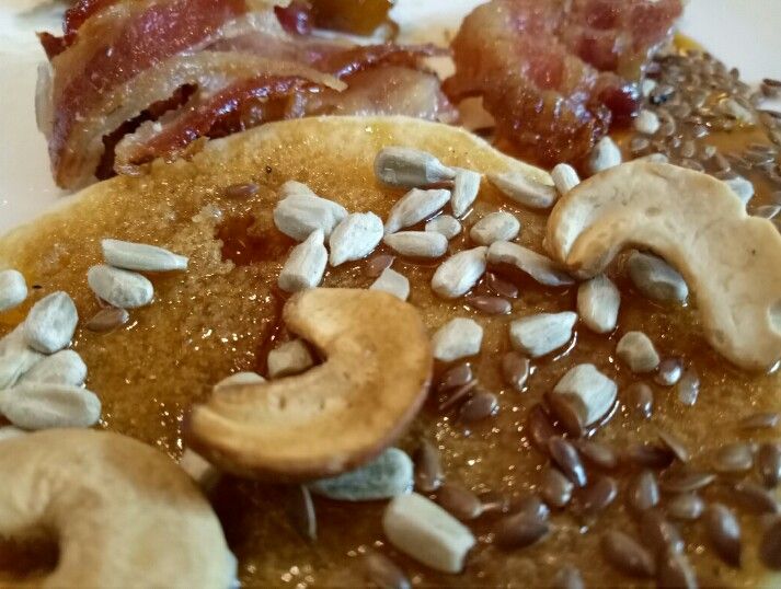 [I ate] pancakes and bacon with lots of maple syrup and nuts and seeds ...