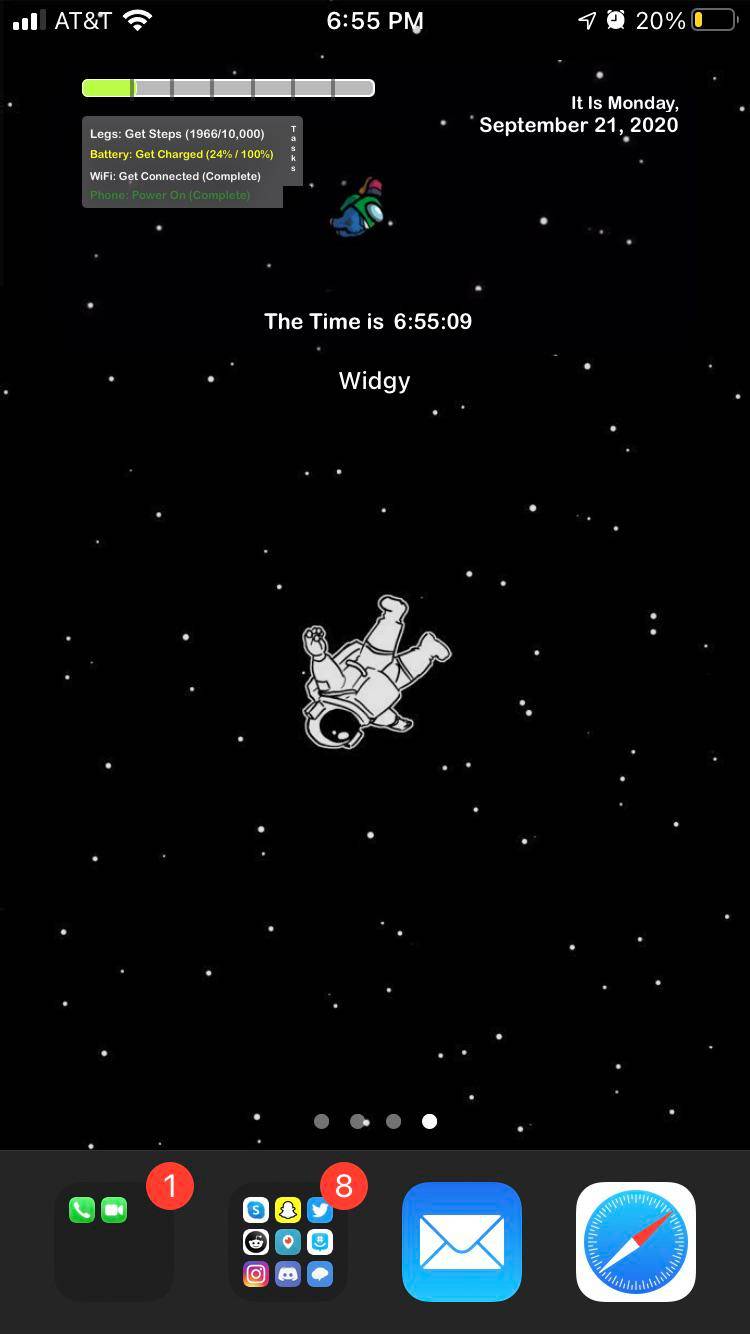 I made an Among Us themed widget that blends into my background (bar above tasks is my battery ...