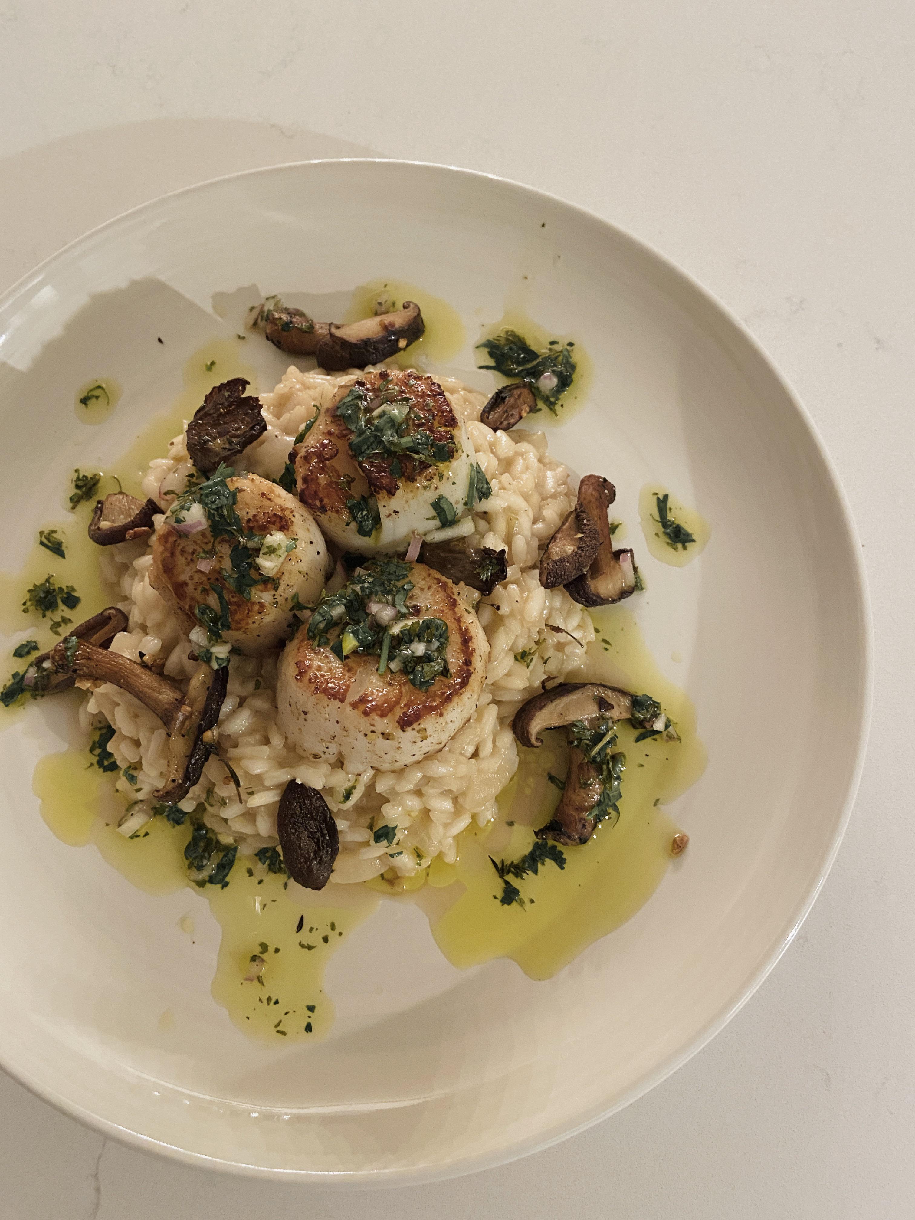 [I made] Seared Scallops with Lemon Chimichurri over Oyster and Shiitake Mushroom Risotto ...