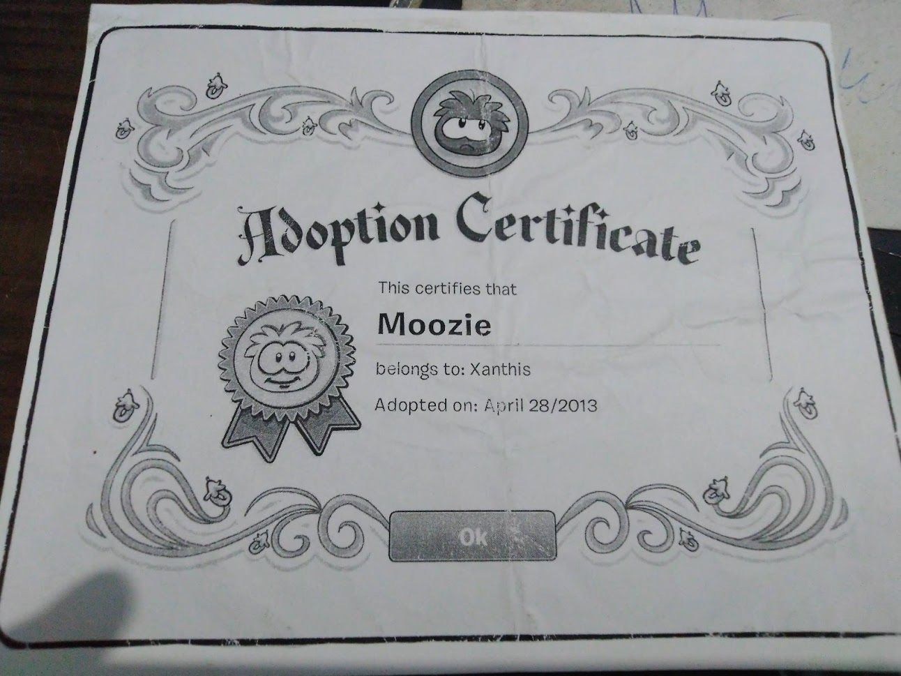 I still have the adoption certificate of my first puffle that I printed when I first got my ...
