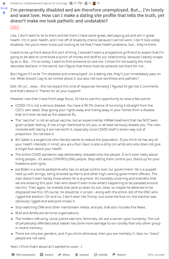 I think he has bigger problems than being disabled when it comes to dating. | Scrolller