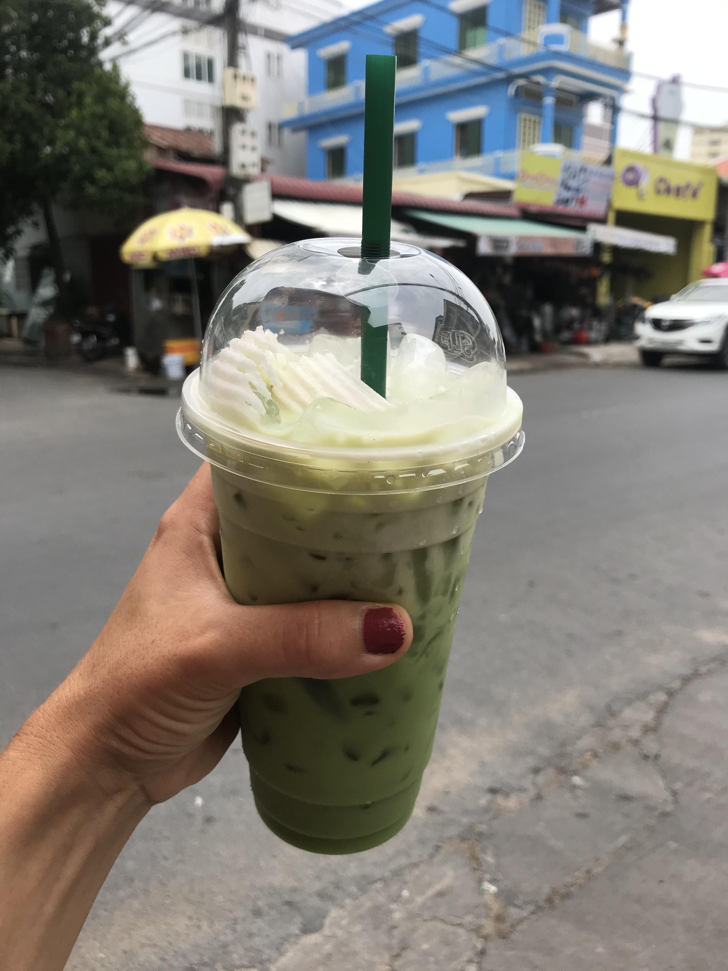 Iced matcha latte with fresh coconut in Cambodia $1 | Scrolller