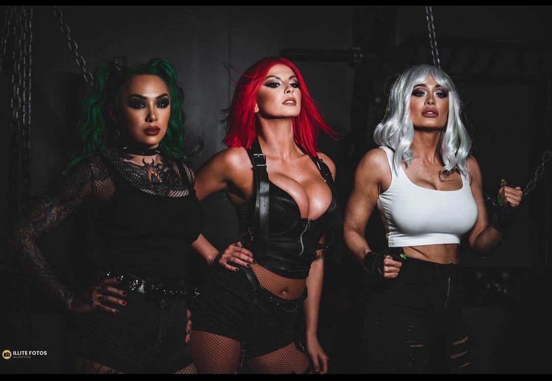 Imagine these three goddesses taking turns on you with strapons matching the colour of their ...