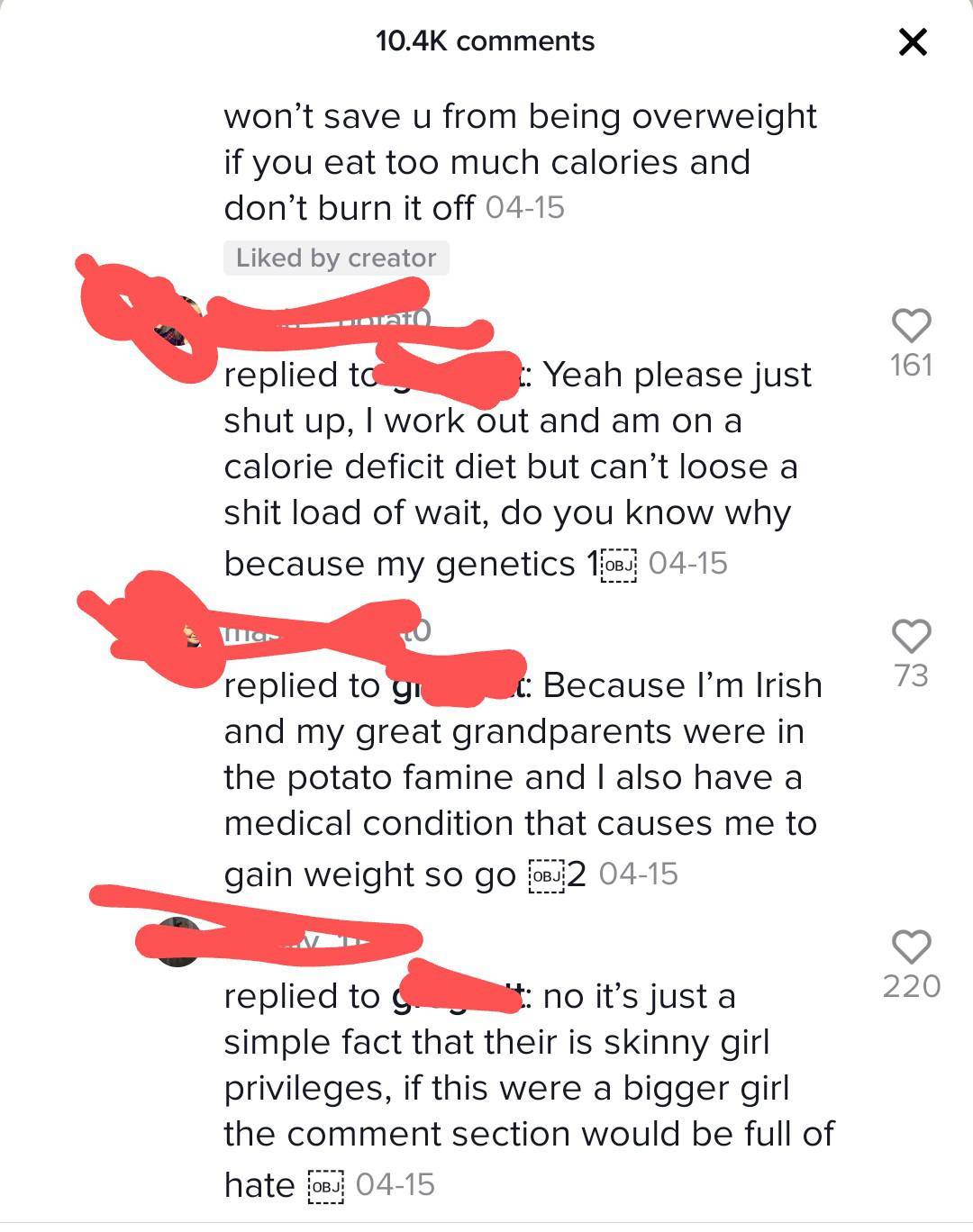 In the comments of a video of a regular sized girl eating a family meal at McDonald's -the most ...
