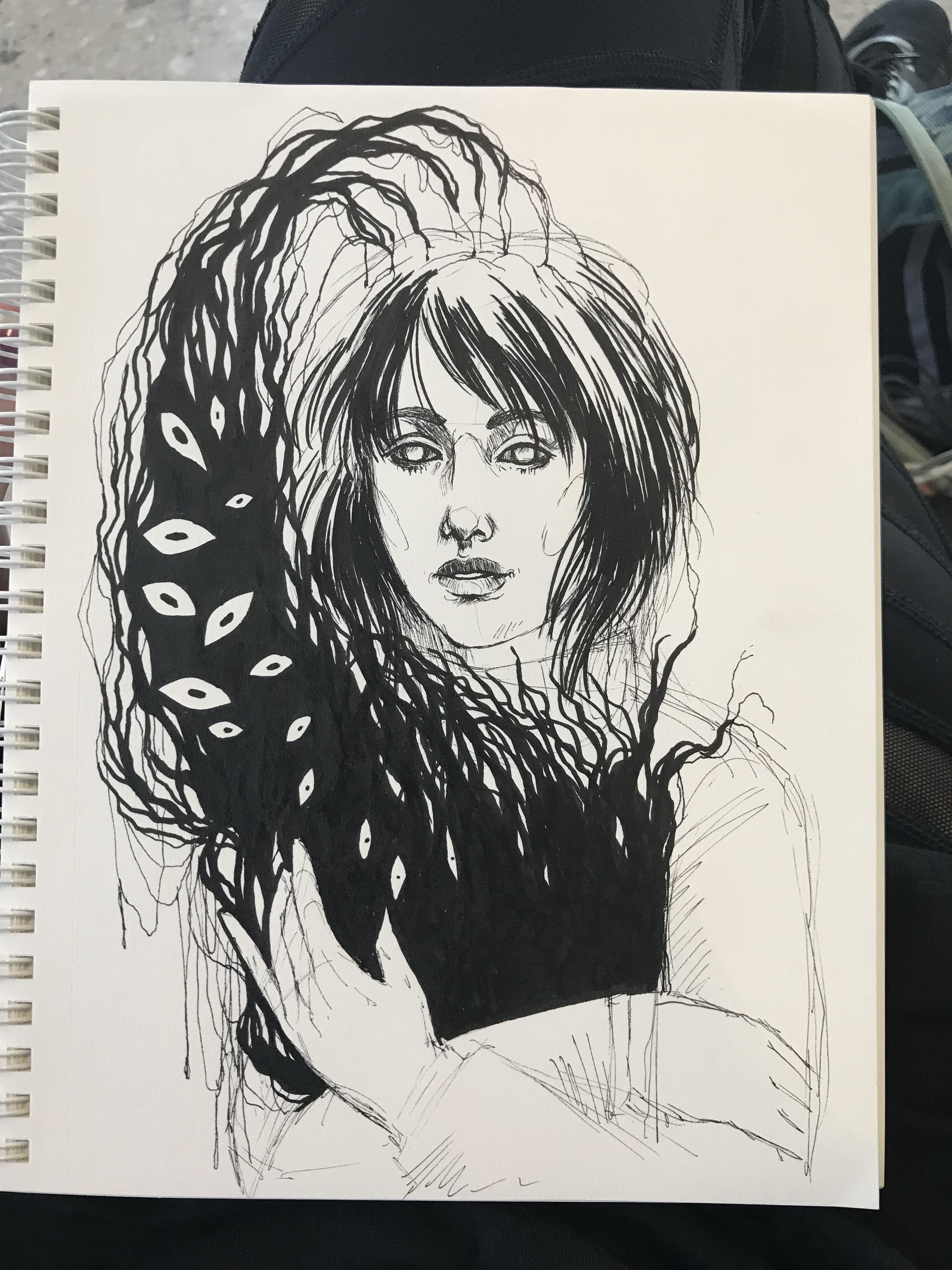 „Inner Demons“, Quick sketch on the airplane, Pitt artist pen on A5 paper | Scrolller