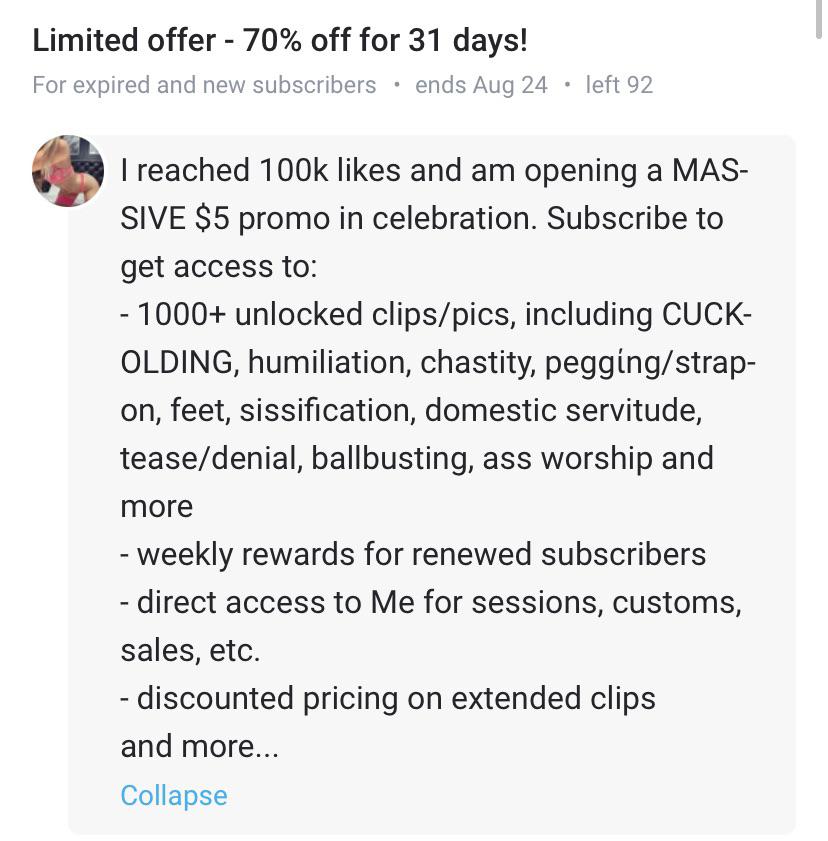 Just opened a crazy cheap promo on OnlyFans in celebration of reaching 100k likes. $5 for the ...