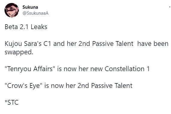 Kujou Sara's C1 and her 2nd Passive Talent have been swapped | Scrolller