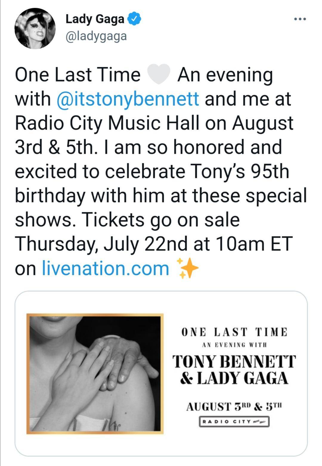 Lady Gaga & Tony Bennett on "One Last Time", August 3rd and 5th! | Scrolller