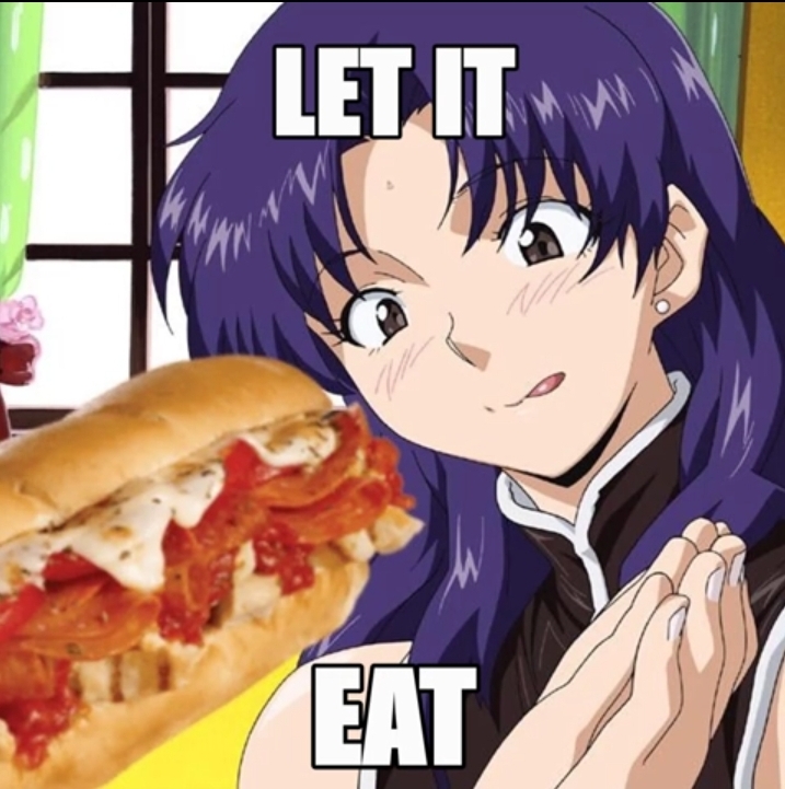 LF Color Source: 1girl, blushing, licking lips, Misato Katsuragi, sandwich,"Let it Eat" | Scrolller