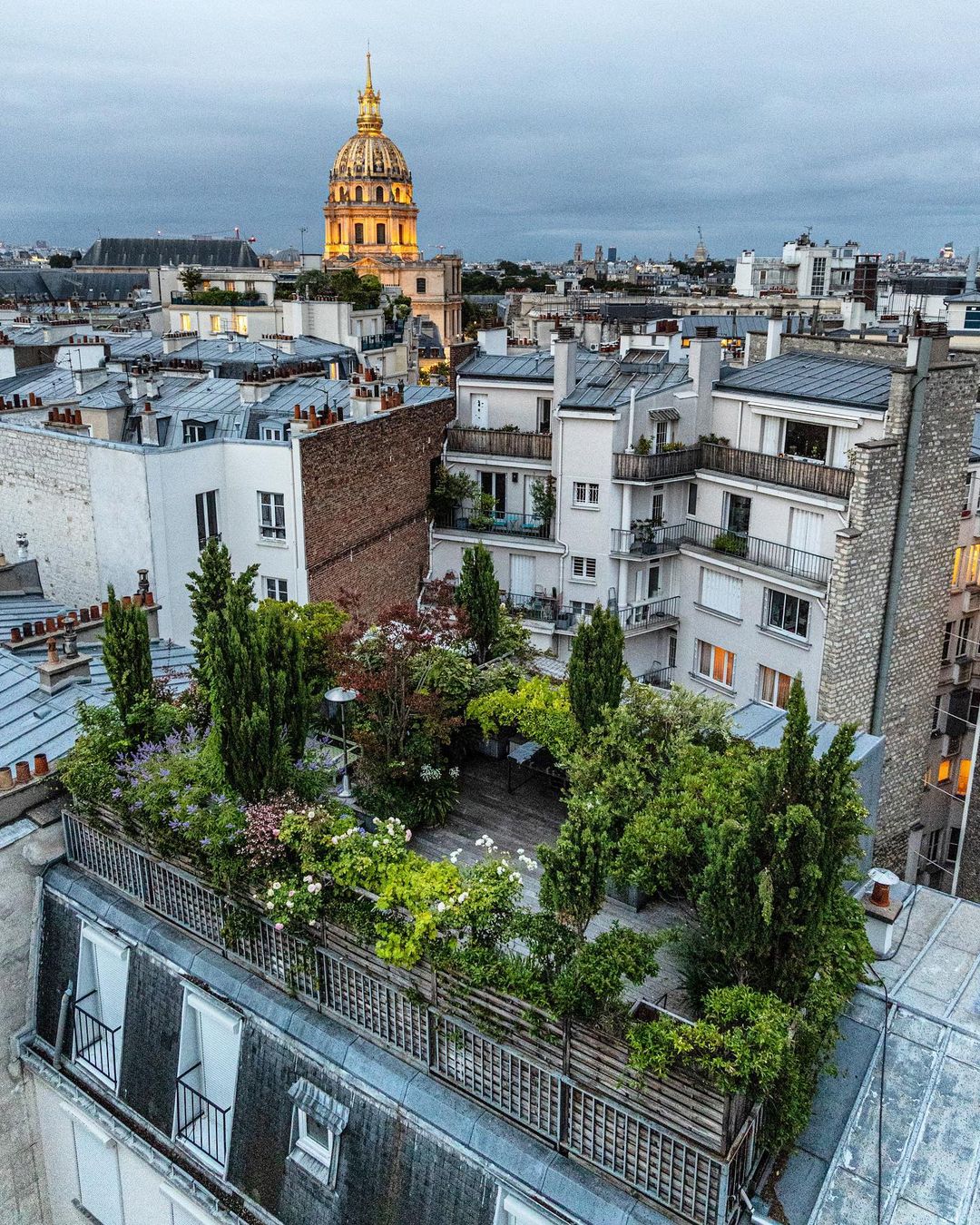 Lush rooftop garden and the Dome of Les Invalides beyond, 7th arrondissement of Paris, France ...