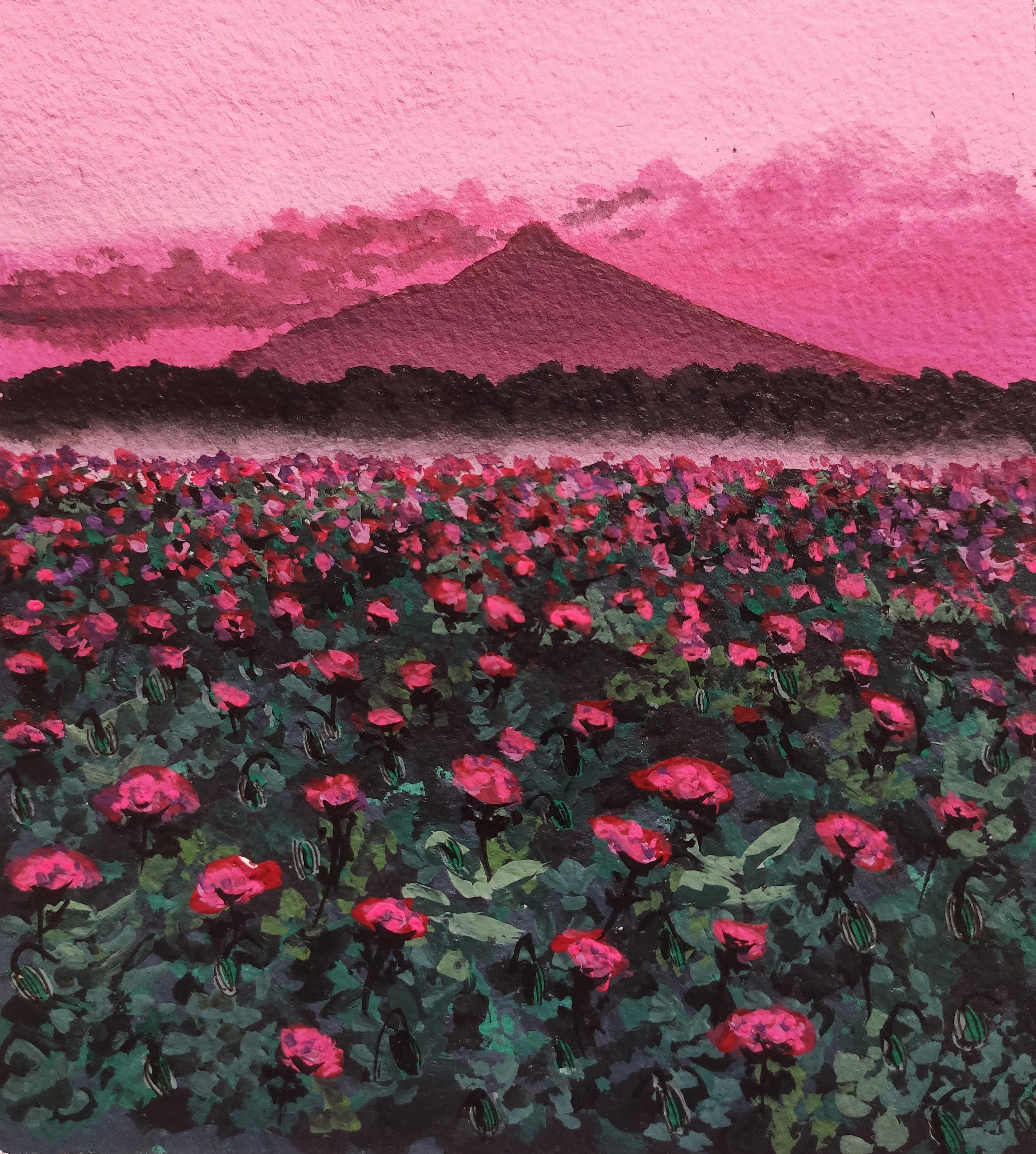 Made a painting of a landscape with a dreamy sky and roses | Scrolller
