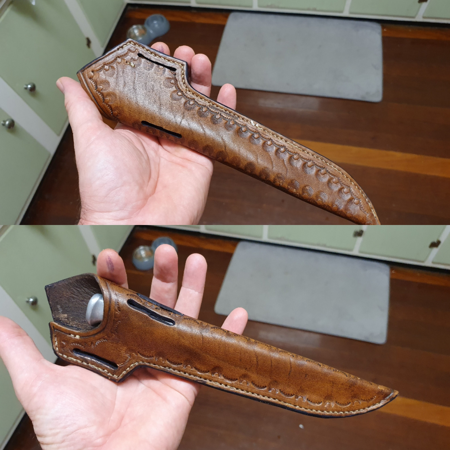 Made my first sheath for an old fixed blade I've had for years. Never need to get at it quickly ...