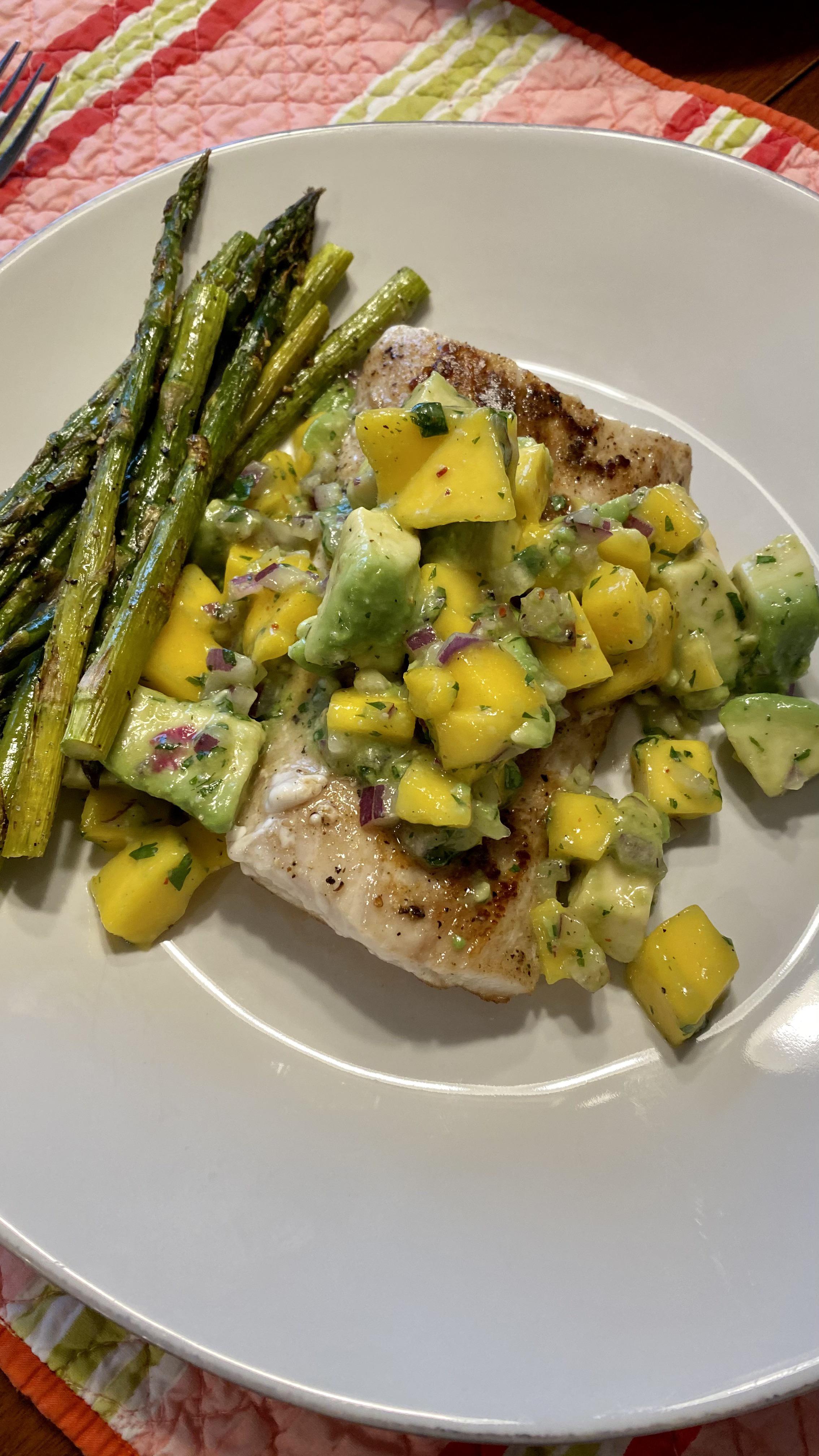 Mahi mahi with mango avocado salsa and asparagus tonight. | Scrolller