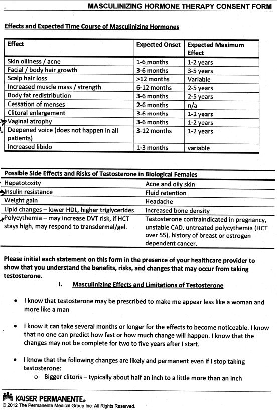 Masculinizing Hormone Therapy Consent Form, Kaiser Permanente, 2012 | Scrolller