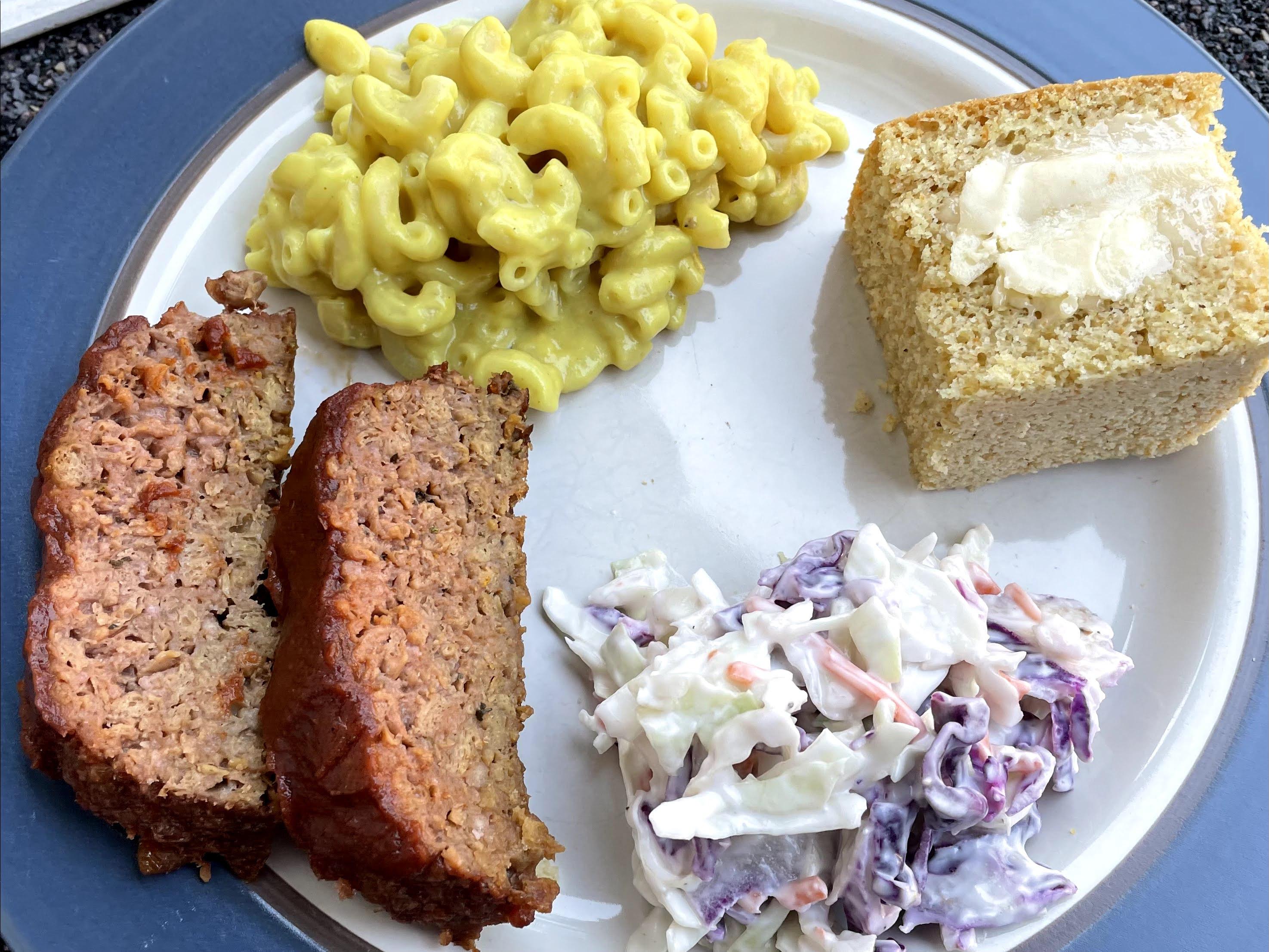 Meatloaf, mac n' cheese, cornbread and coleslaw- homemade vegan version of some American comfort ...