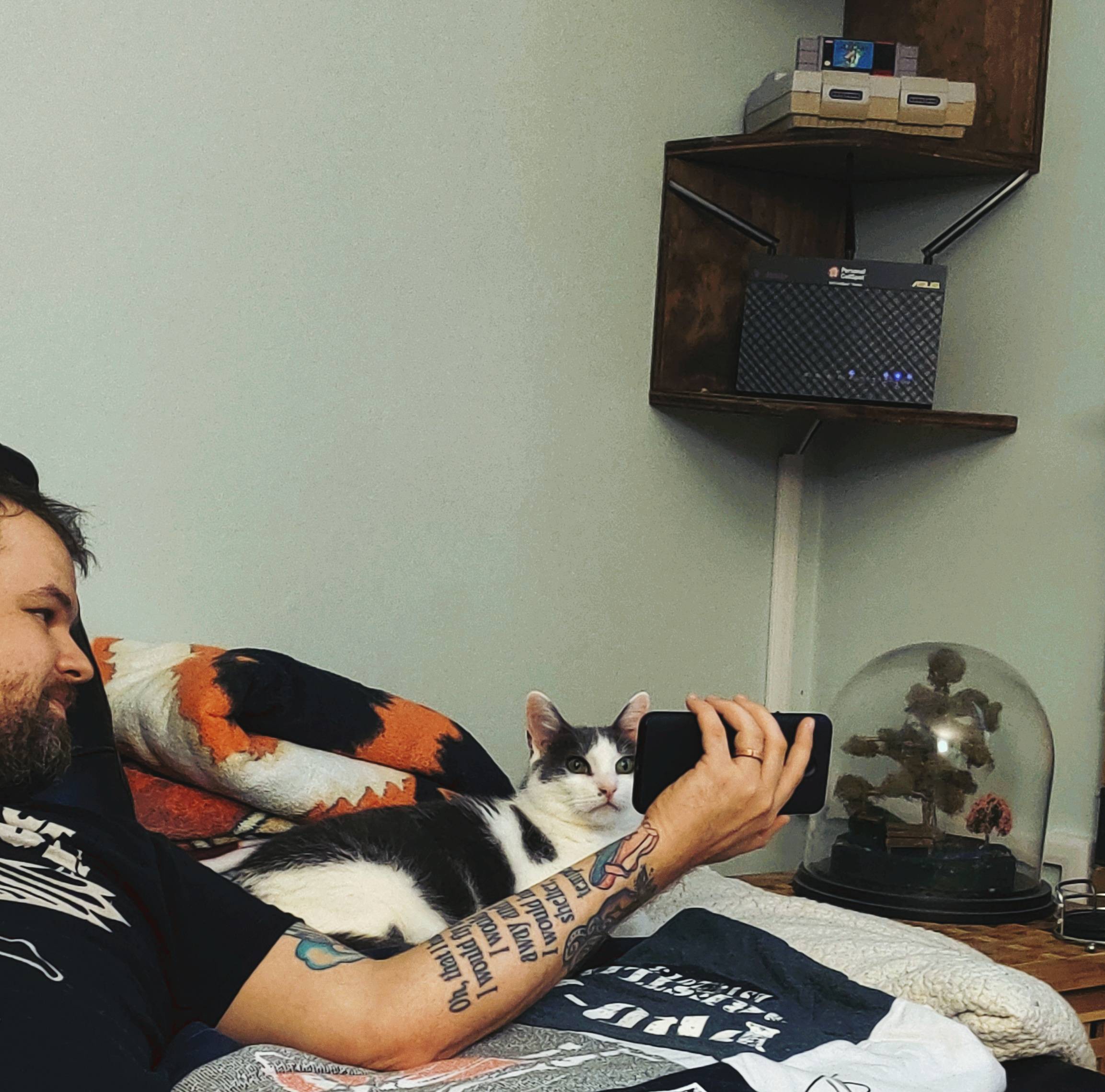 My cat Ted Theodore watching Ryu's 100 Mario Twitch stream last night ...