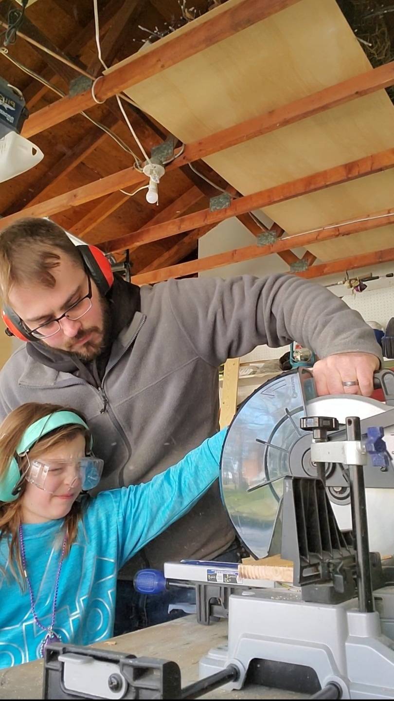 My daughter's first time using the miter saw! I swear she was more excited than she looks.... 😂 ...