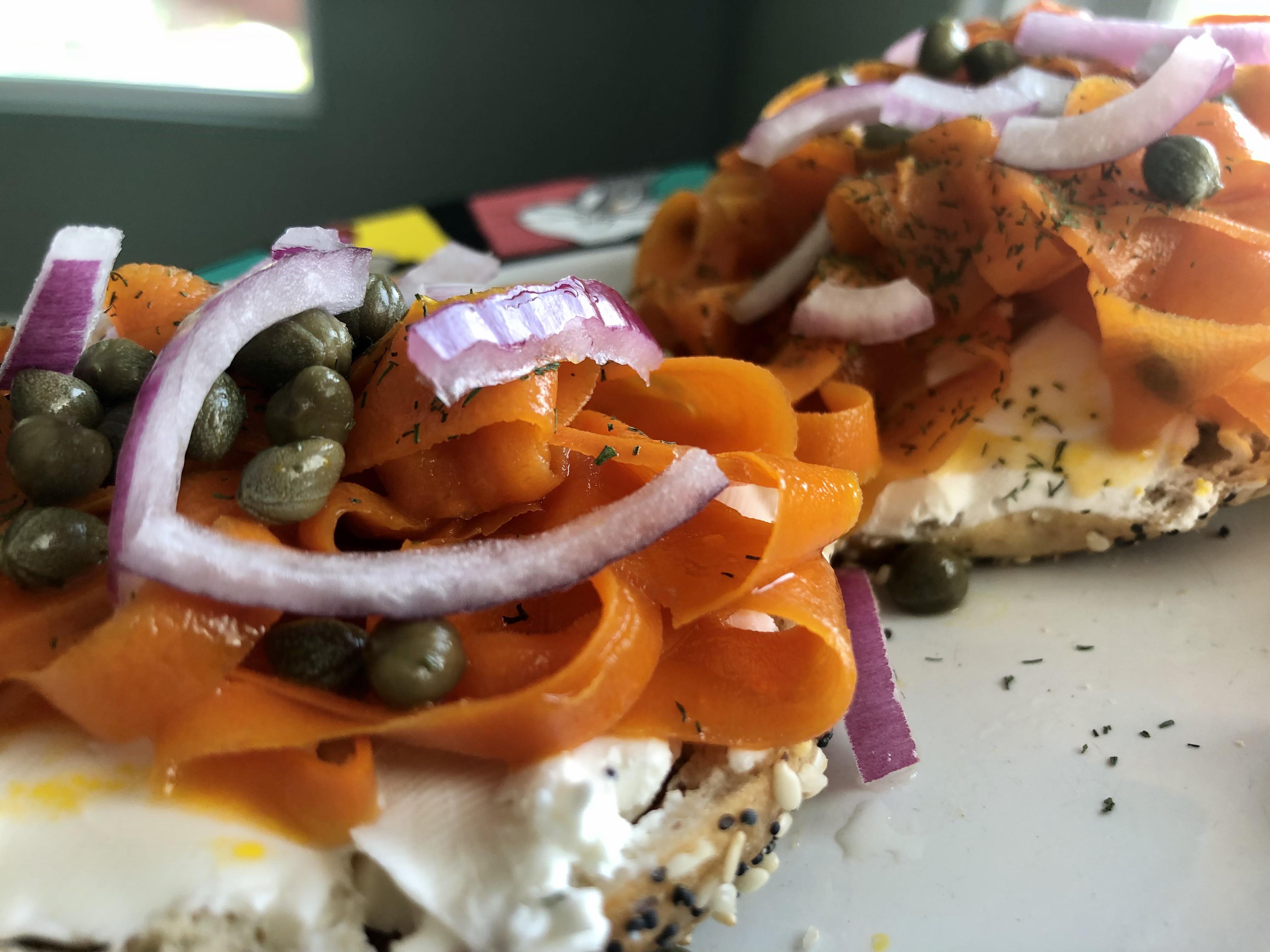 My favorite breakfast: homemade carrot lox with tofutti cream cheese on gluten free everything ...
