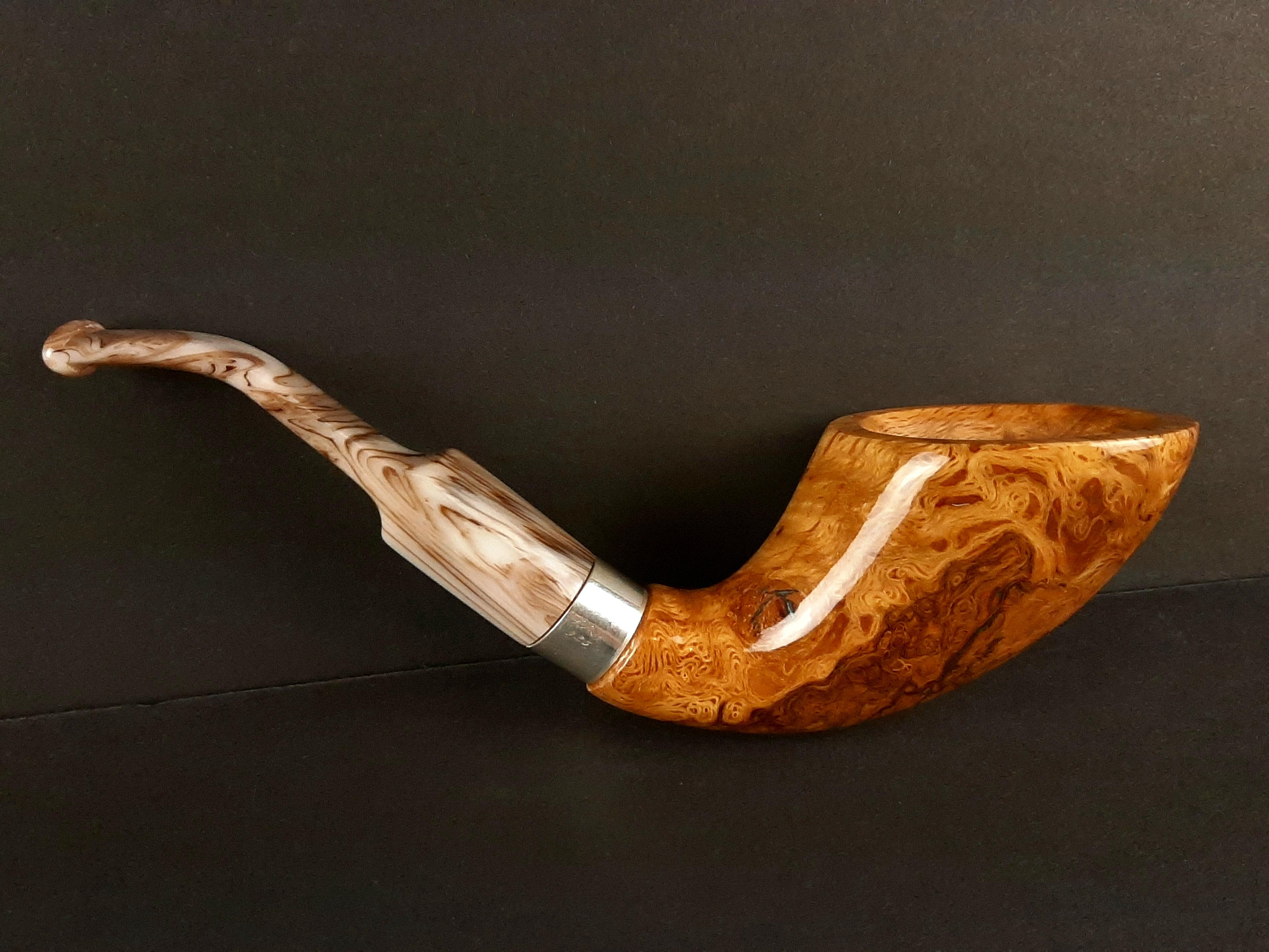 My first "real" pipe build. Horn style pipe, Red Oak Burl with Sterling Silver ring and Acrylic ...