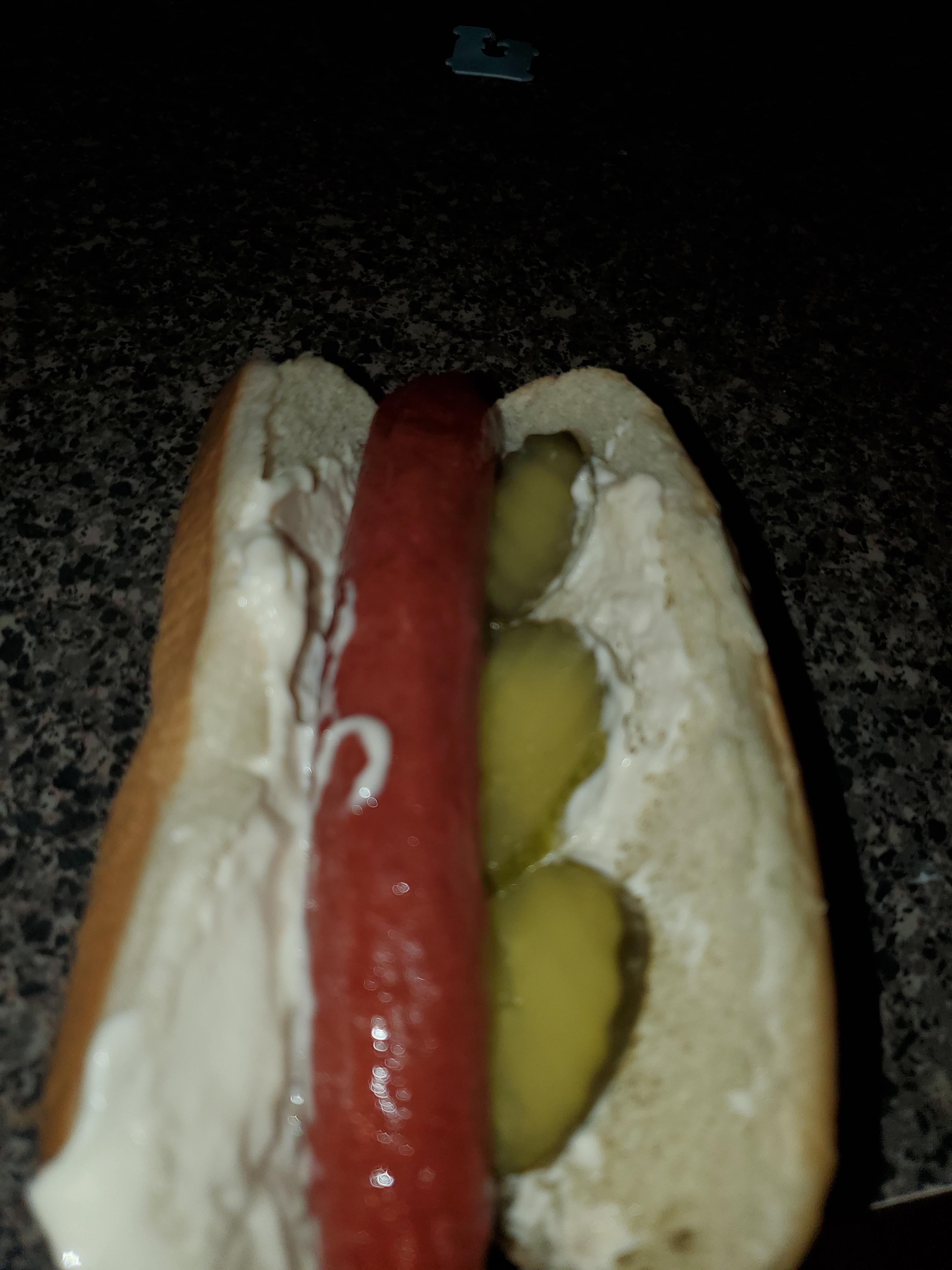 My guilty pleasure. All beef dog, mayo and pickles. | Scrolller