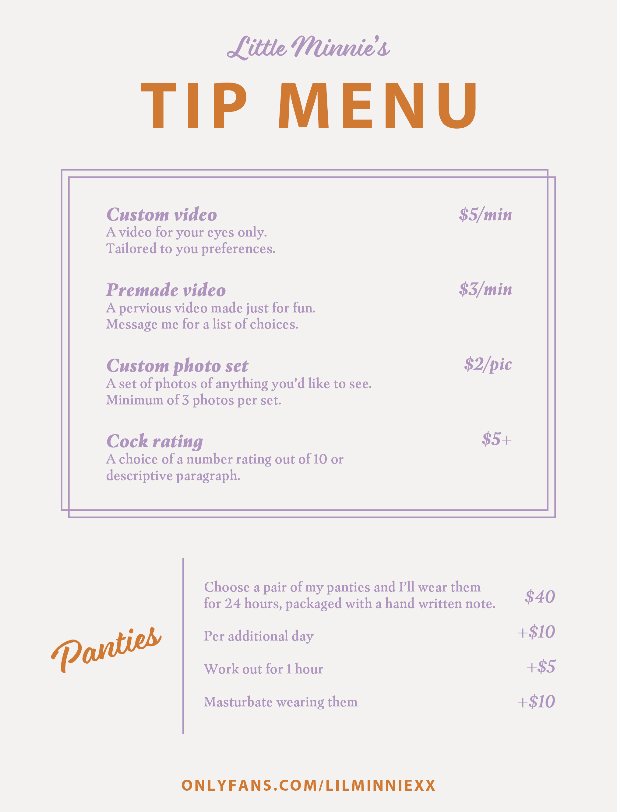 My OnlyFans tip menu.. head over there and shoot me a message if you're interested in anything ...