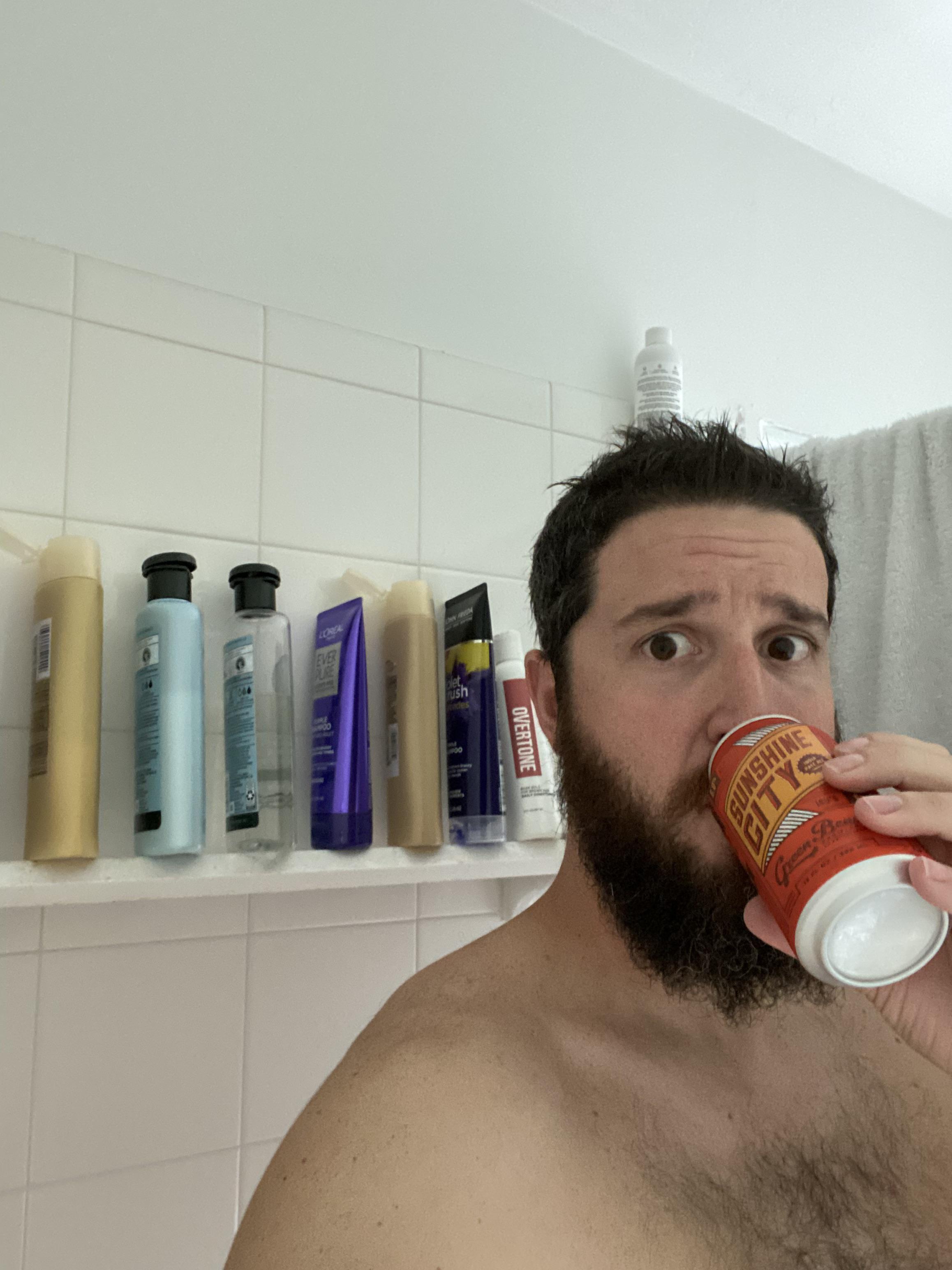 My wife has 14 bottles of shampoo/conditioner in the shower but if I leave one beer can, i have ...