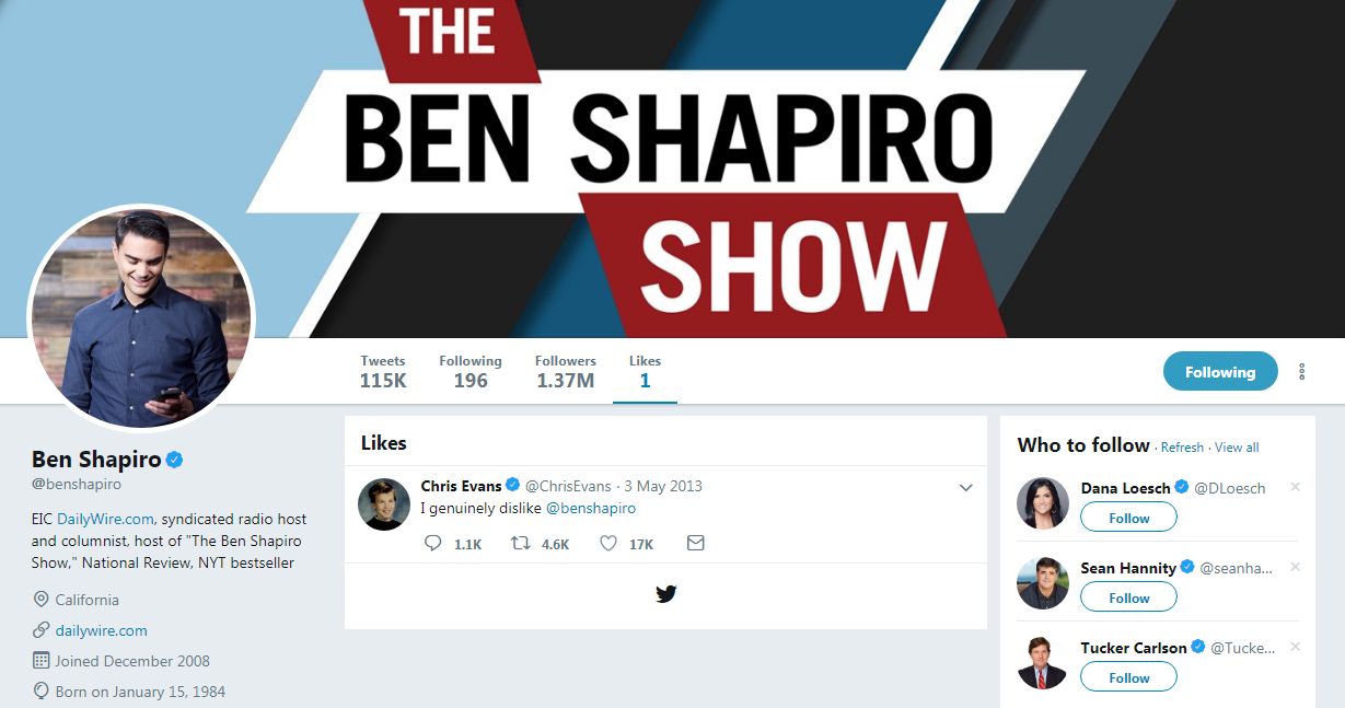 On Twitter, Ben Shapiro has only one like. | Scrolller