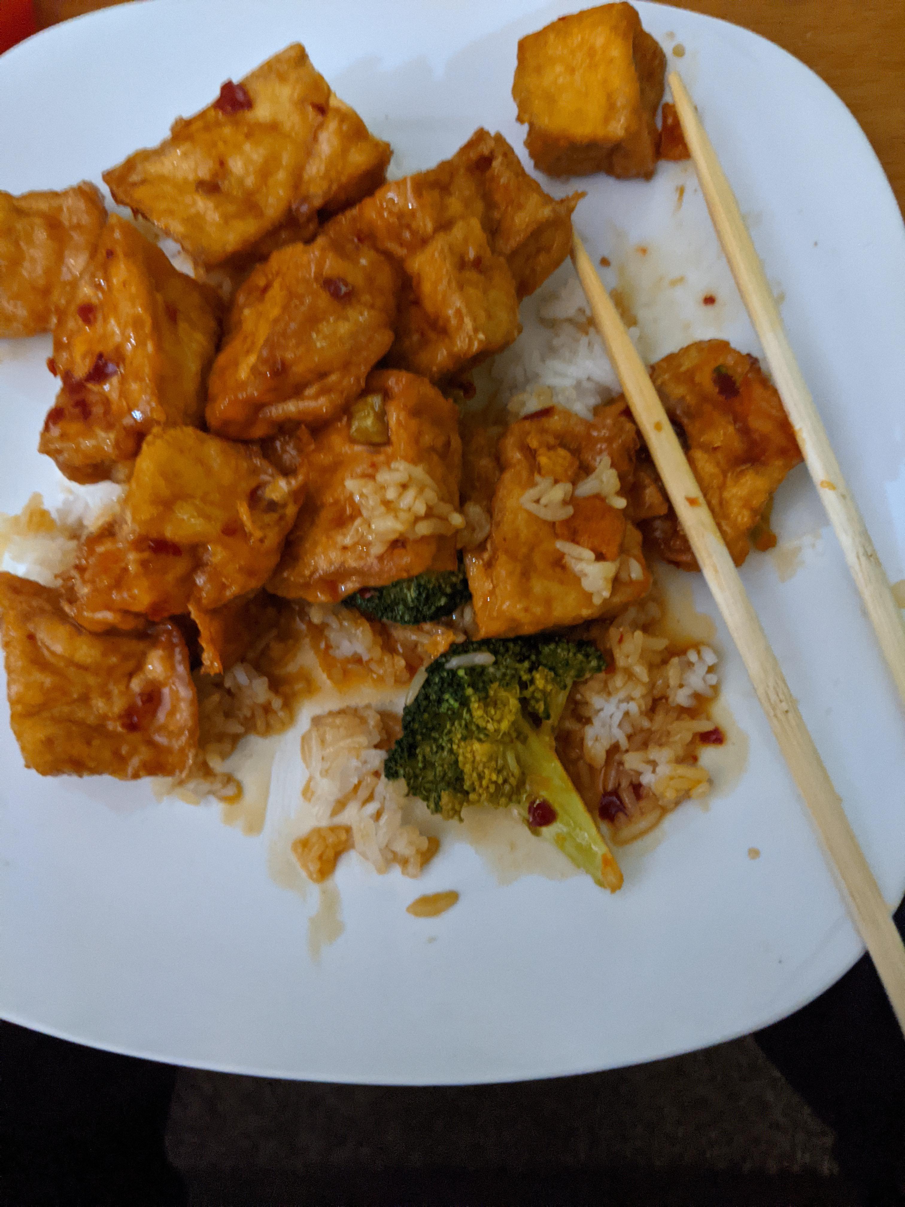 Orange chicken? Nahhh orange TOFU and one piece of broccoli for health | Scrolller