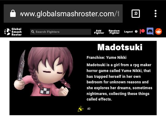 Our squishy baby girl Madotsuki is up here at Global Smash Roster. Let's go and give her some ...