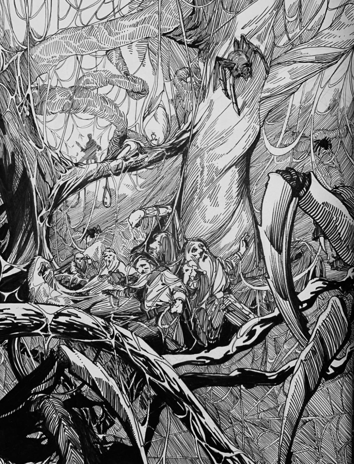 Pen and ink illustration of The Hobbit, adapted from chapter 8; Flies ...