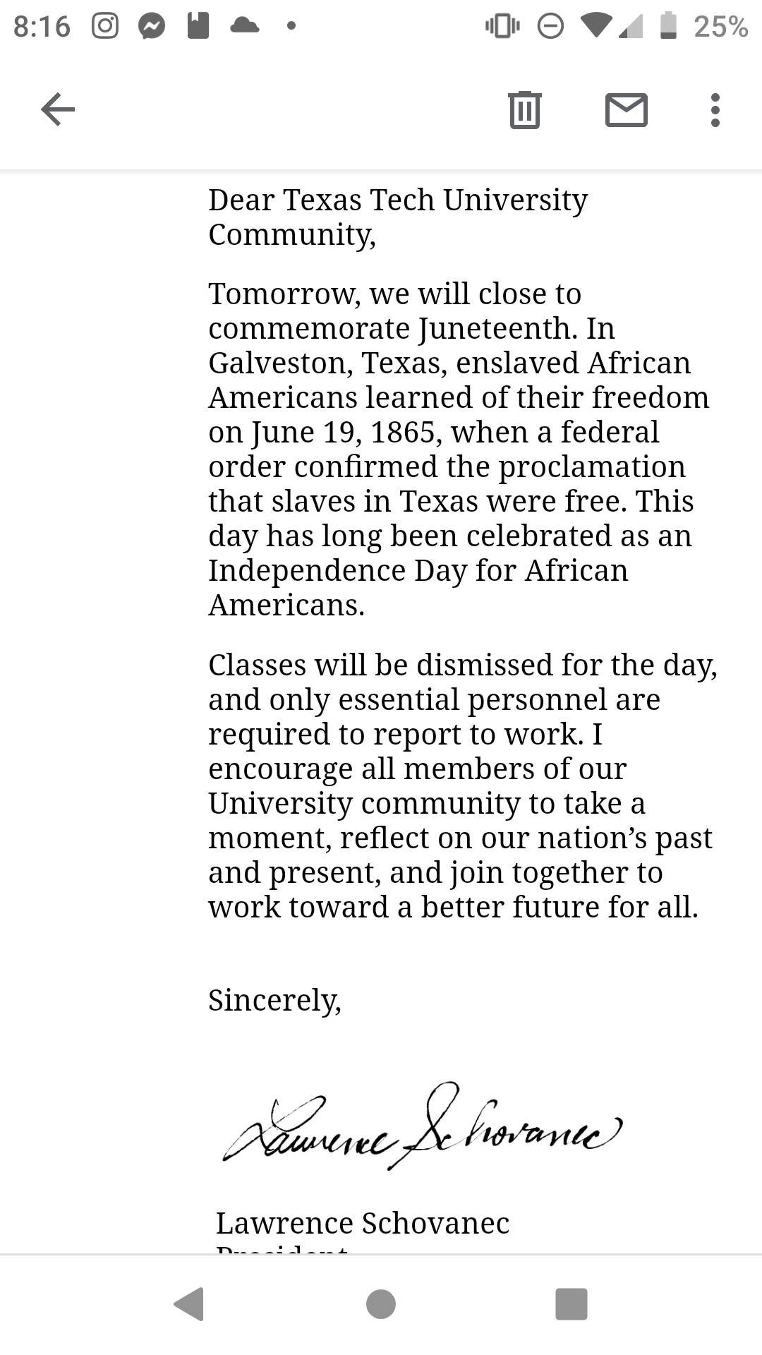 Per this email from President Schovanec, all classes tomorrow are canceled in celebration of ...