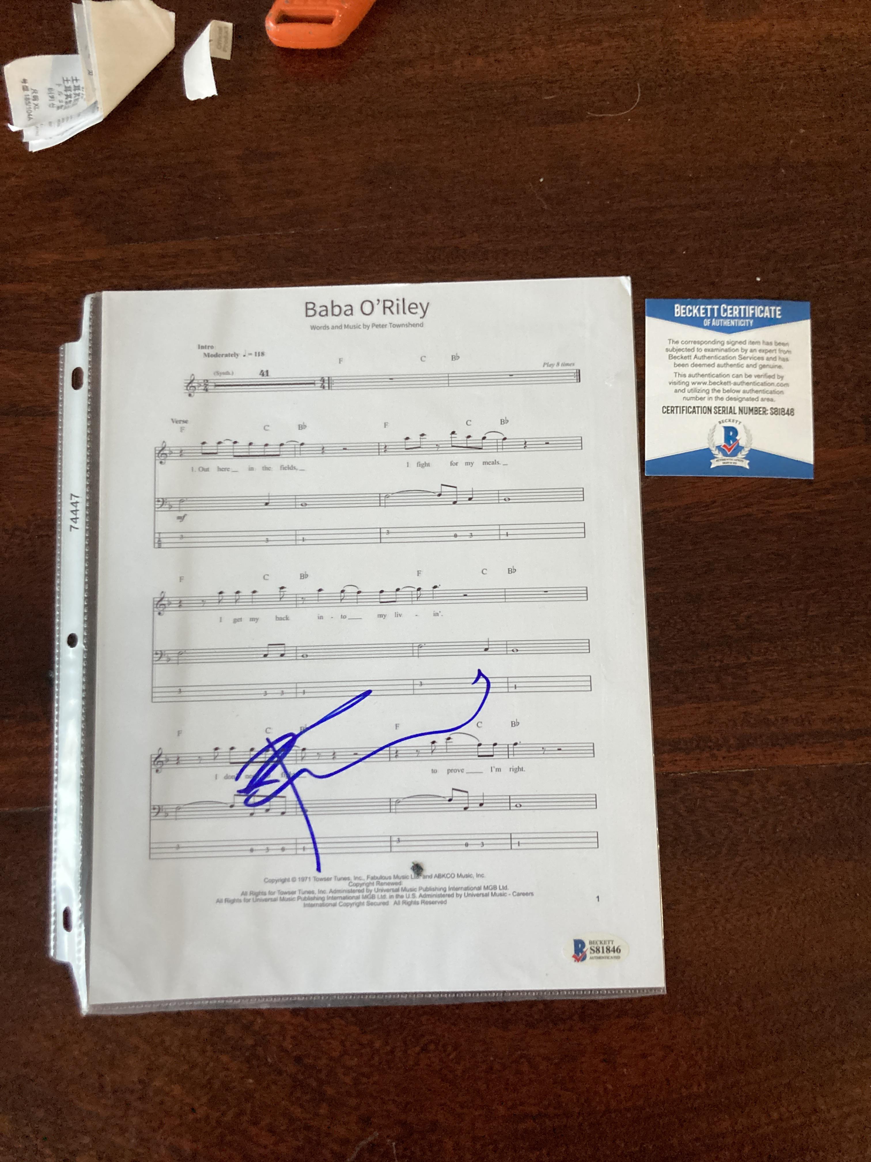Pete Townshend signed Baba O’ Riley music sheet | Scrolller