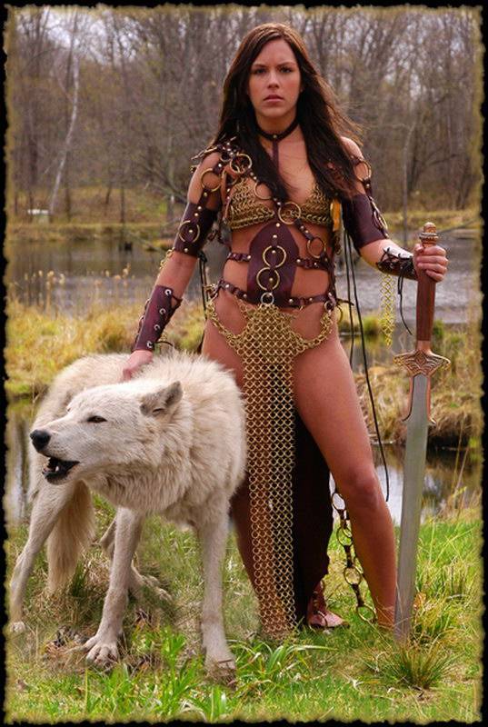Photo. Barbarian chick with gold chainmail bra and loincloth. Bonus wolf. | Scrolller