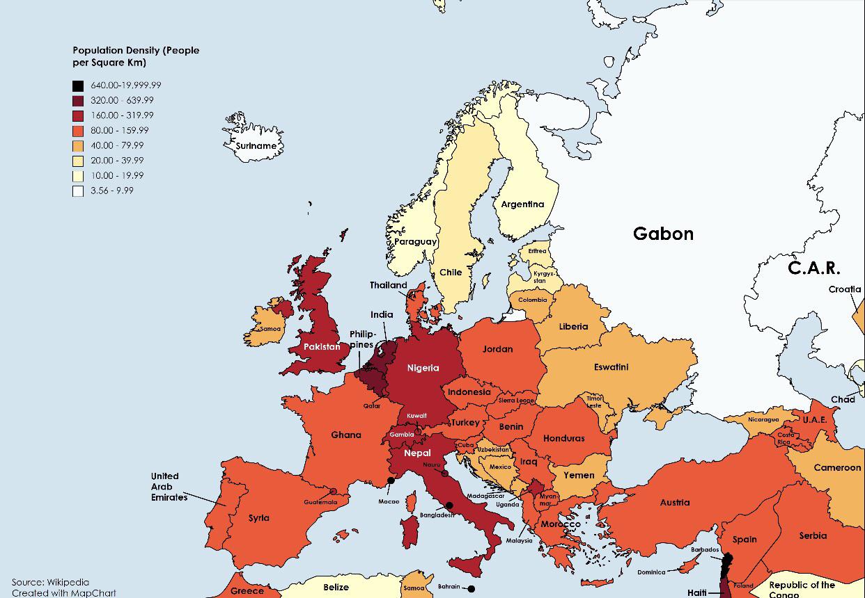 Population density of European countries compared to other countries around the world. | Scrolller