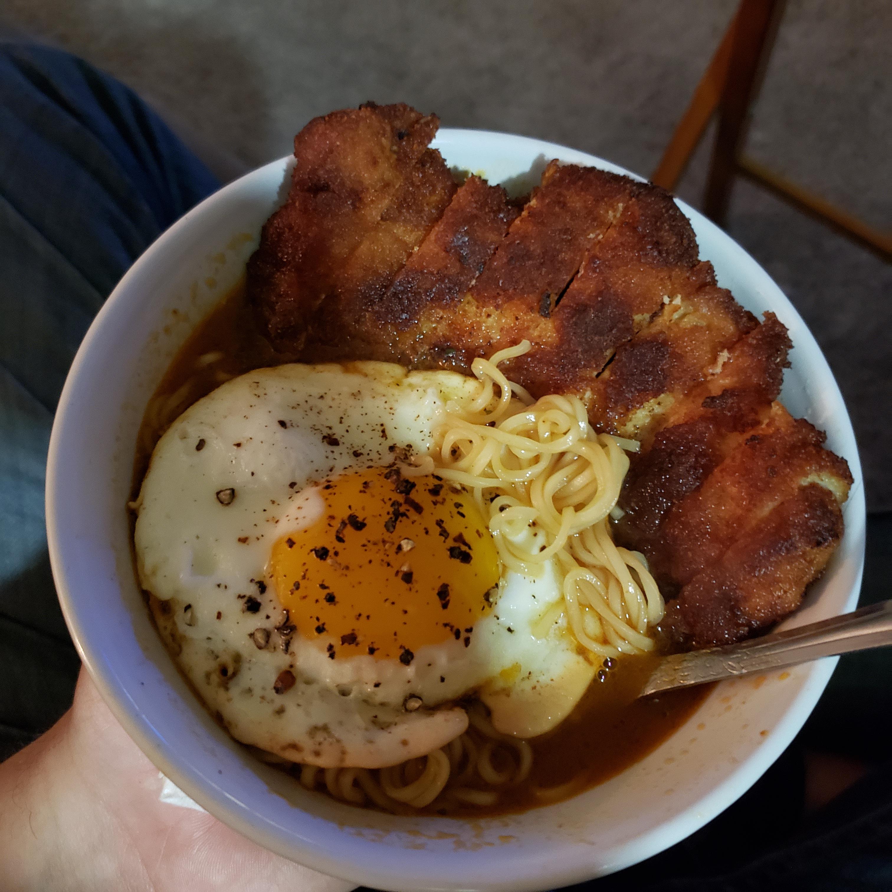 Pork, spicy instant ramen, and an egg of course | Scrolller