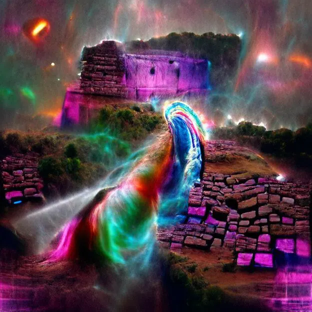 rainbow nebula neon river flowing through spacetime over ancient ruins | Scrolller